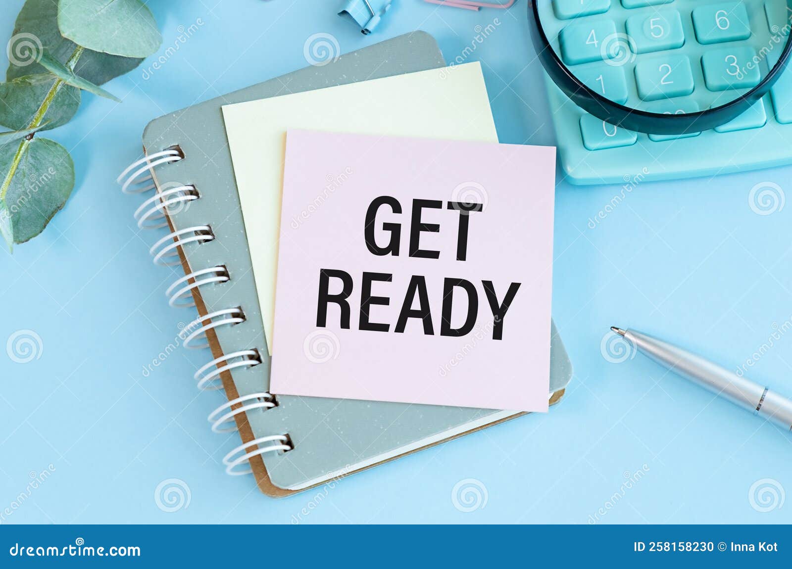 Notebook with GET READY Word with Office Tools on White Table. Business ...