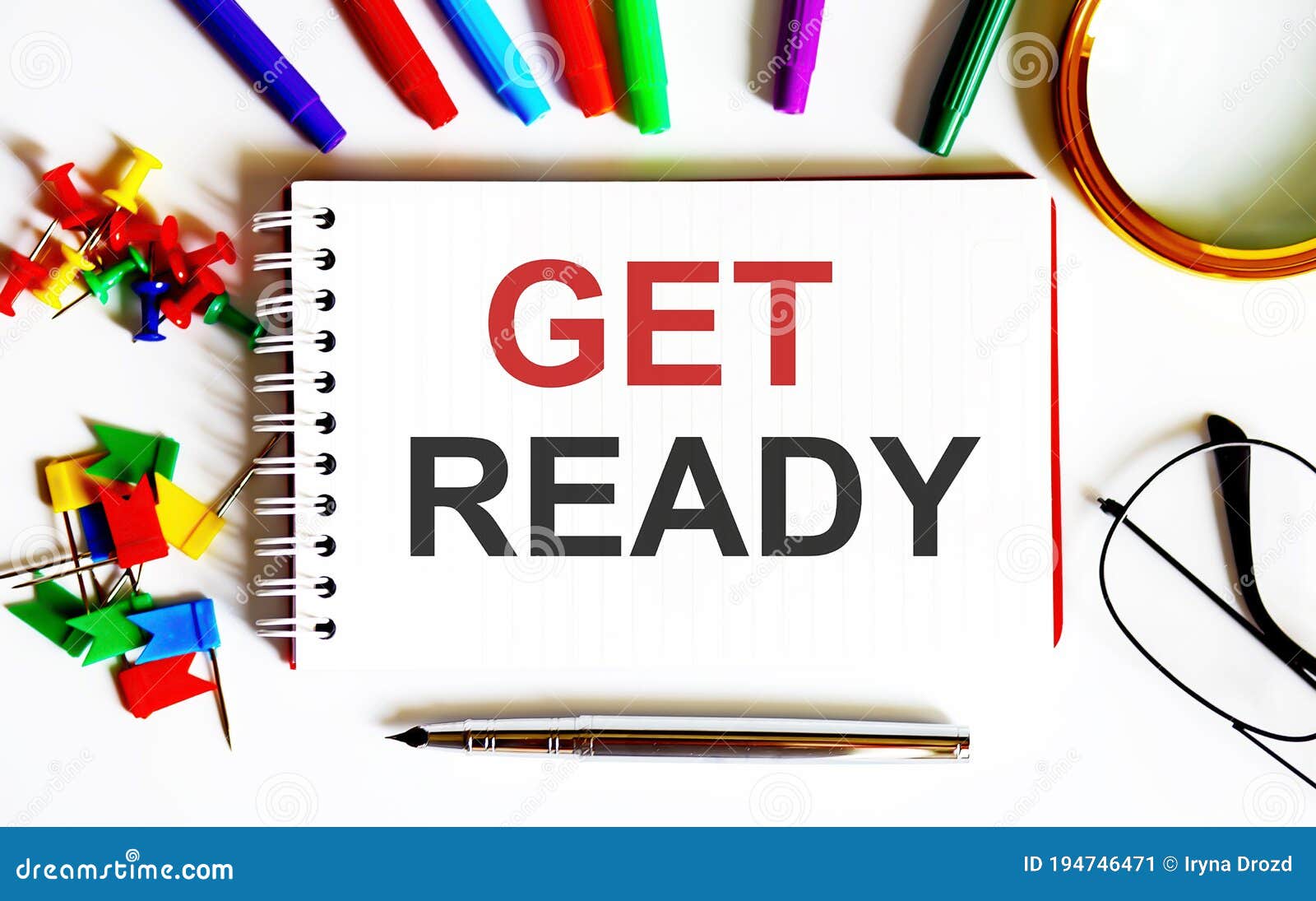 Notebook with GET READY Word with Office Tools on White Table Stock ...