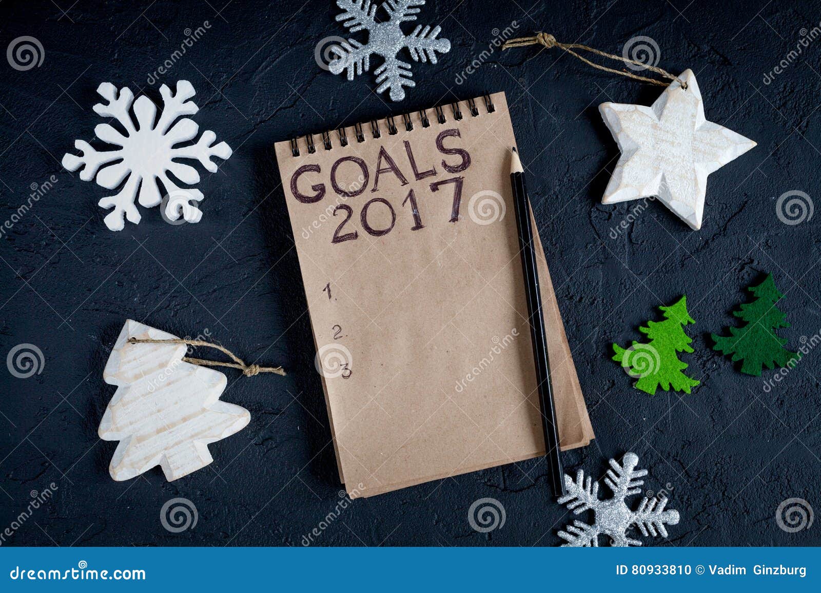 Notebook and Goals for New Year Dark Background Top View Stock Photo ...