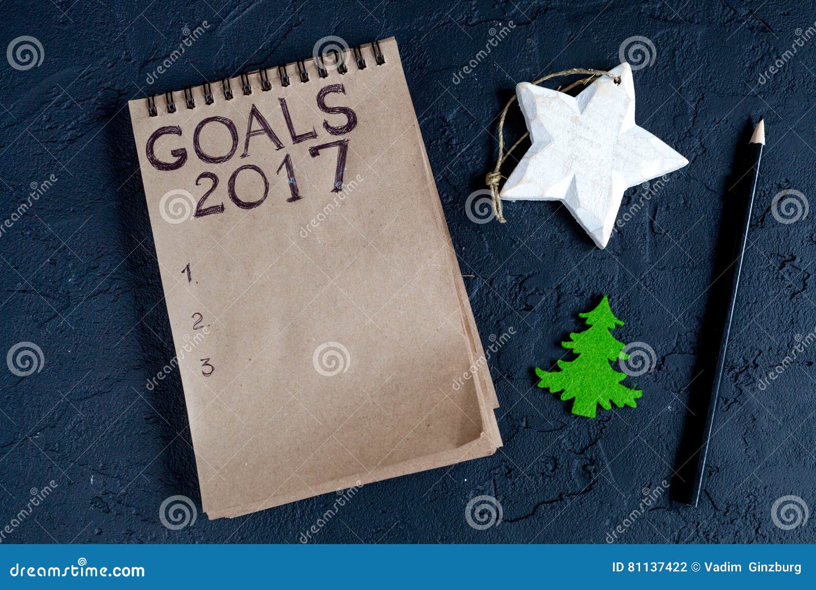 Notebook and Goals for New Year Dark Background Top View Stock Photo ...