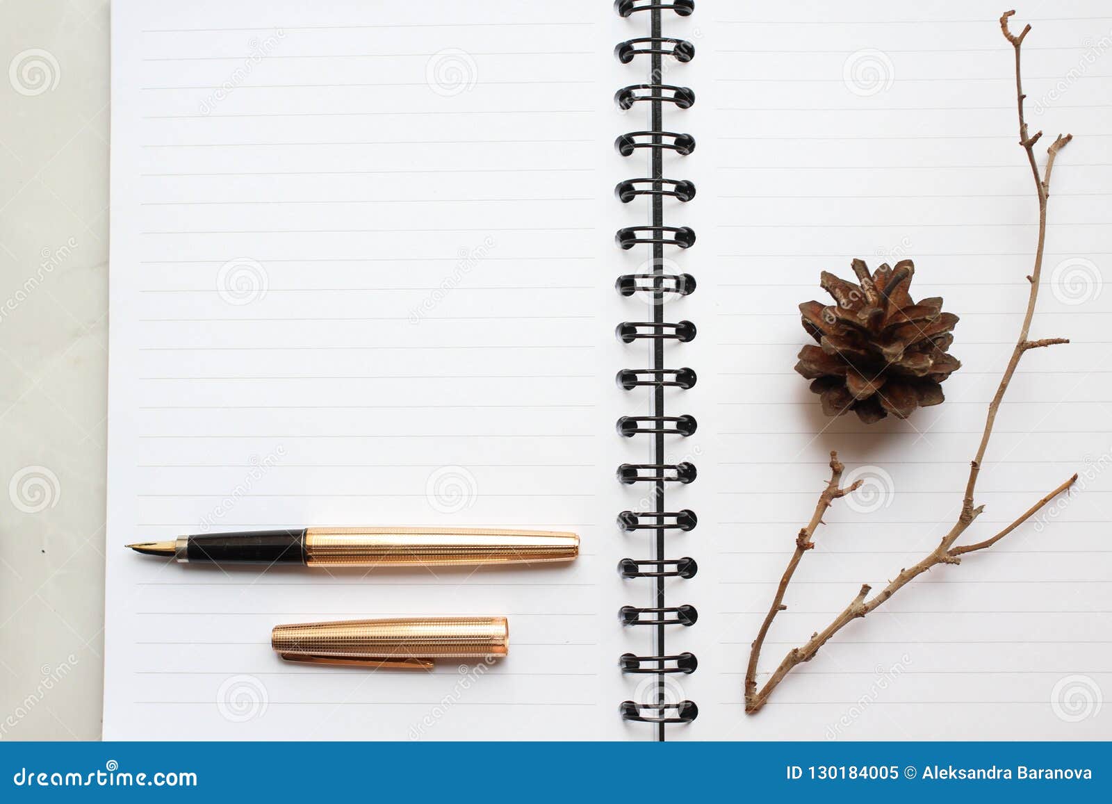 Notebook, Gold Pen and Dry Branch on the Desk, Decorated Table Stock ...