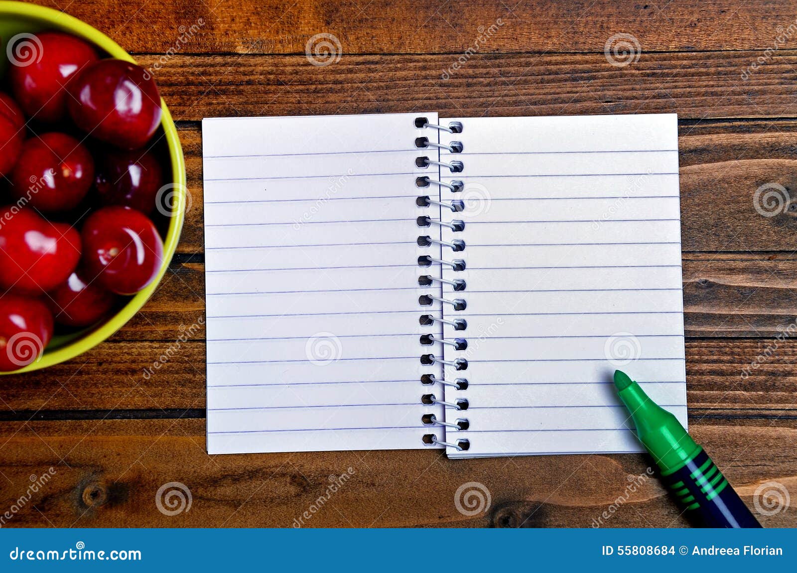 Notebook and Green Bowl with Cherries Stock Photo - Image of fruit ...