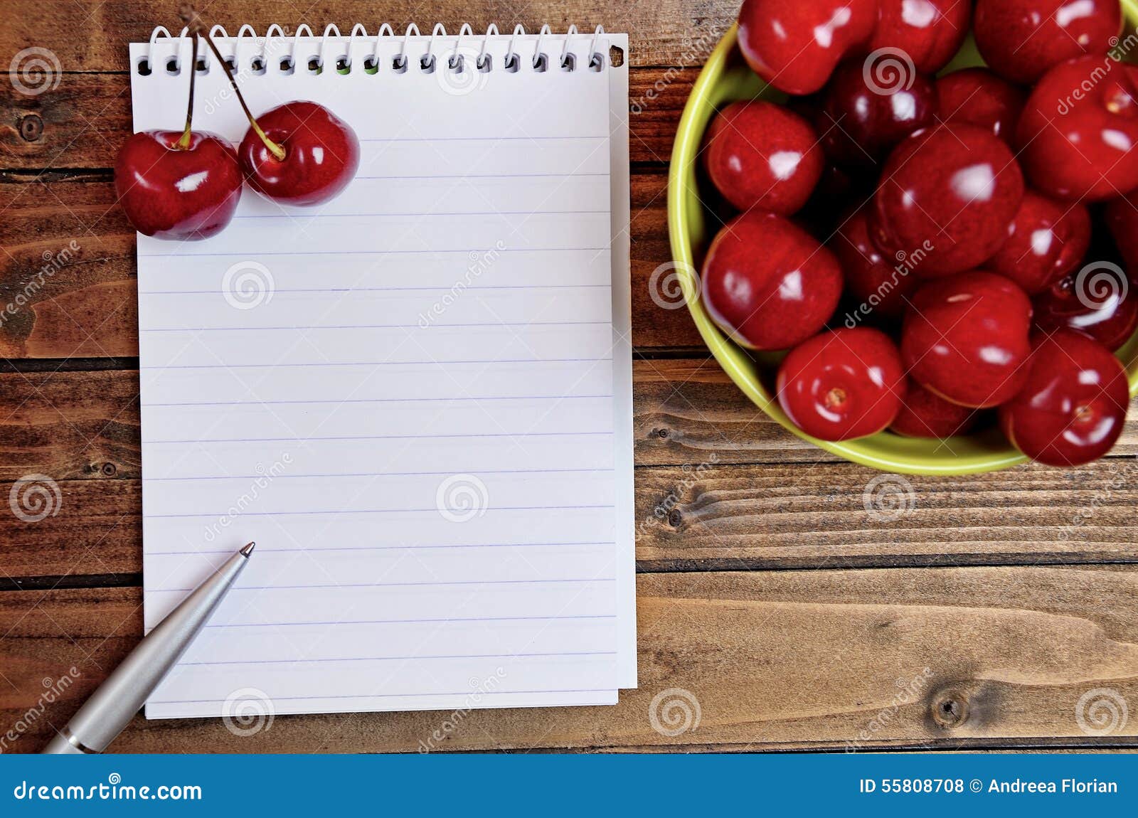 Notebook and Green Bowl with Cherry Stock Photo - Image of energy ...