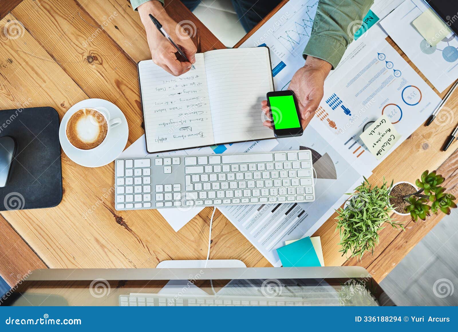 Notebook, Green Screen and Hands with Phone in Office with Keyboard ...