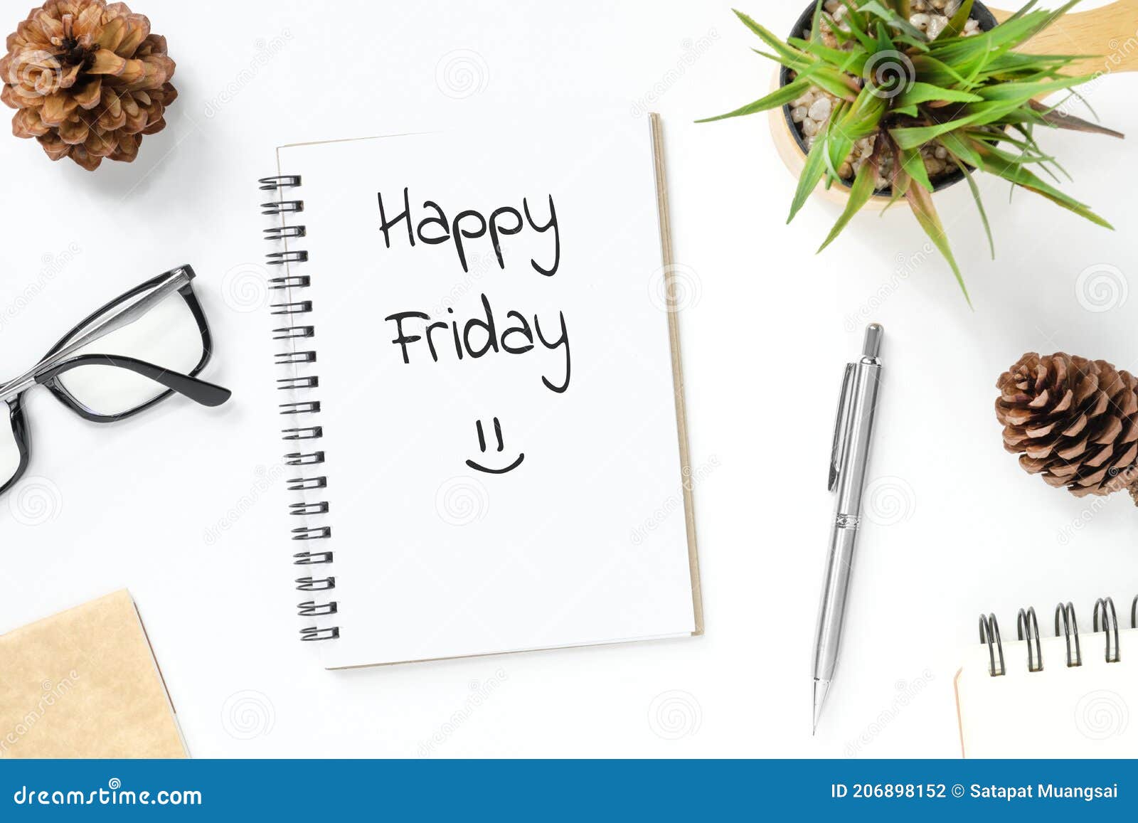 Notebook with Happy Friday Text on White Office Desk Table. Top View ...