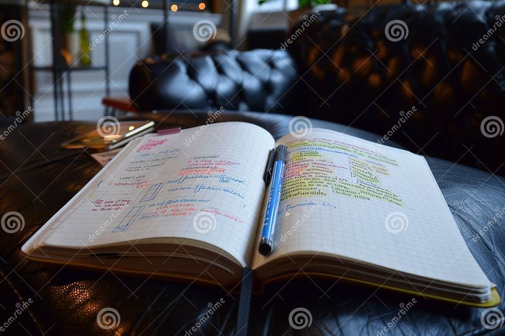 A Notebook with Highlighted Notes Resting on a Leather Couch, an Open ...