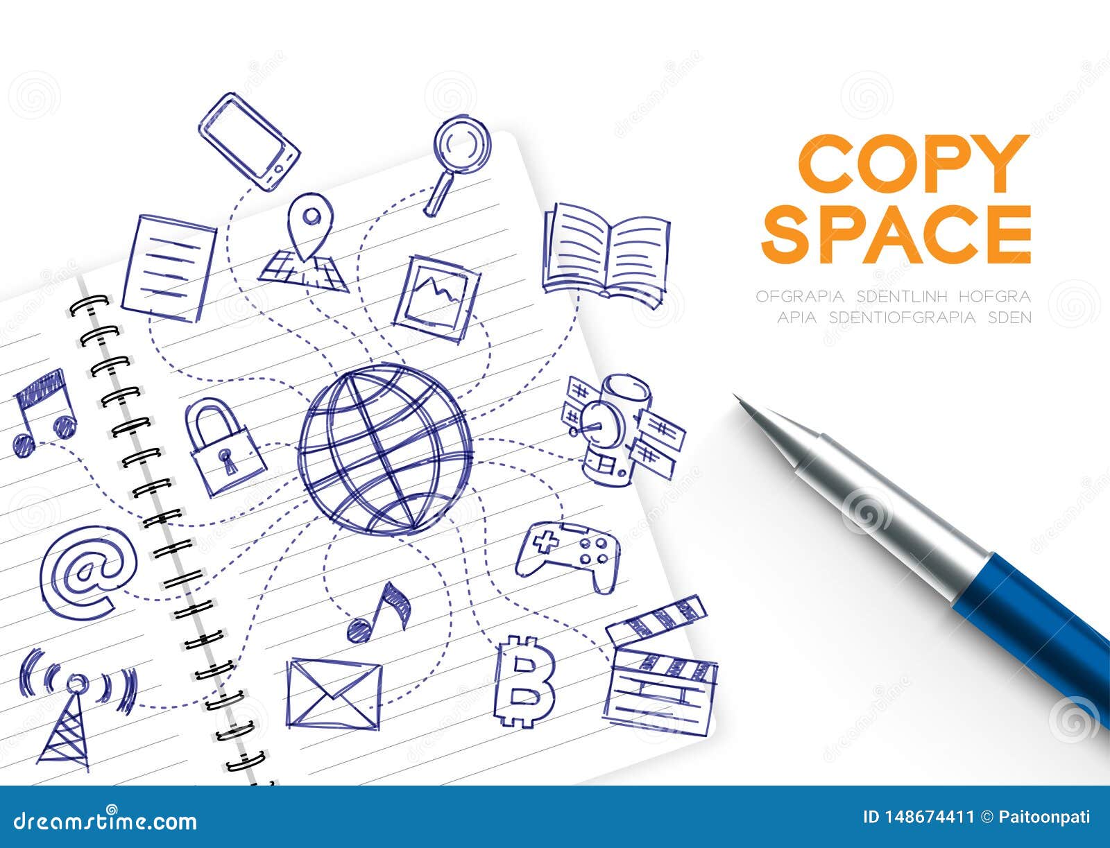 Notebook with Kid Hand Drawing Set, Internet Network Technology Concept ...