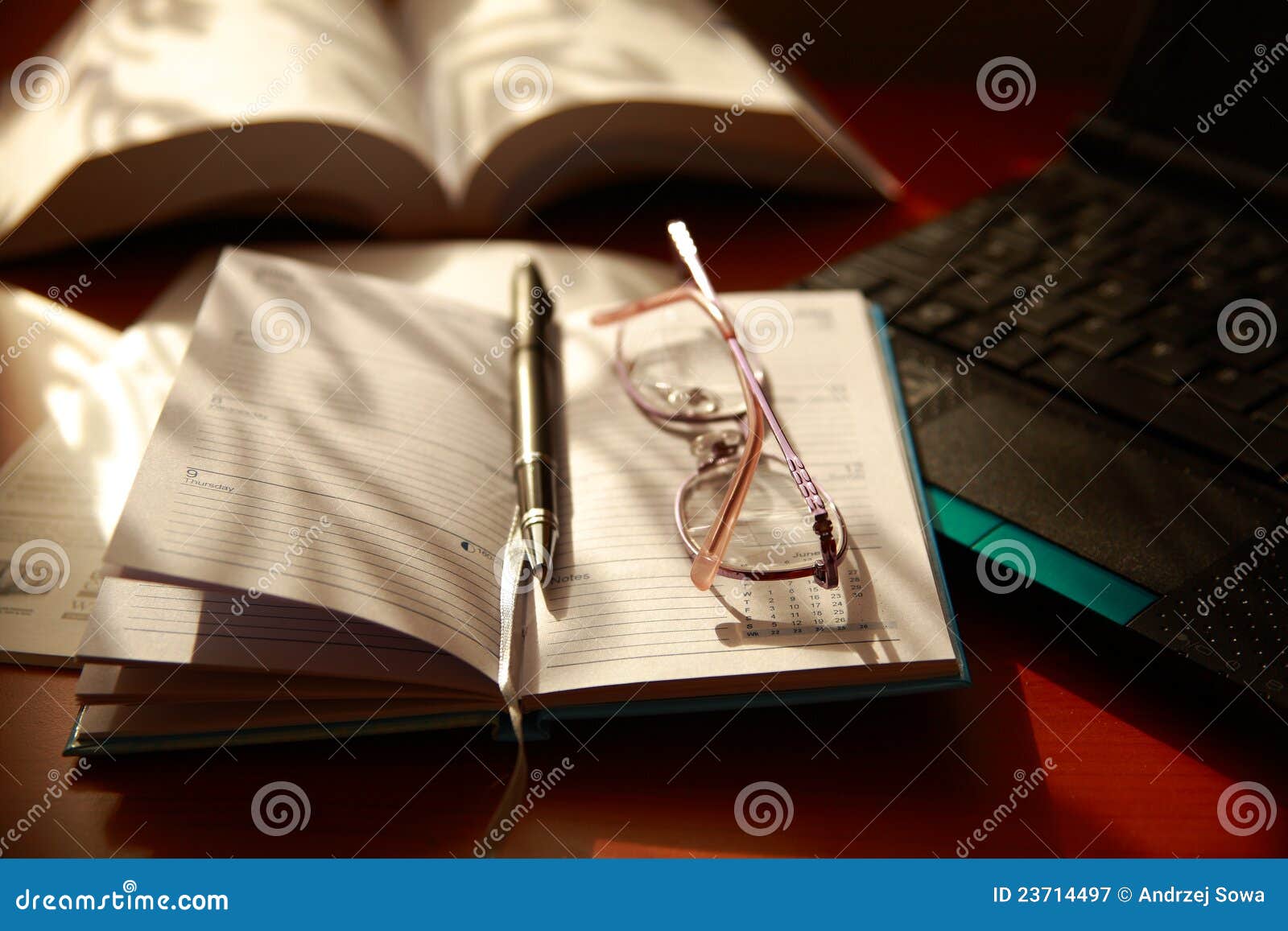 Notebook, Laptop, Pen, Glasses a and Books. Stock Image - Image of ...