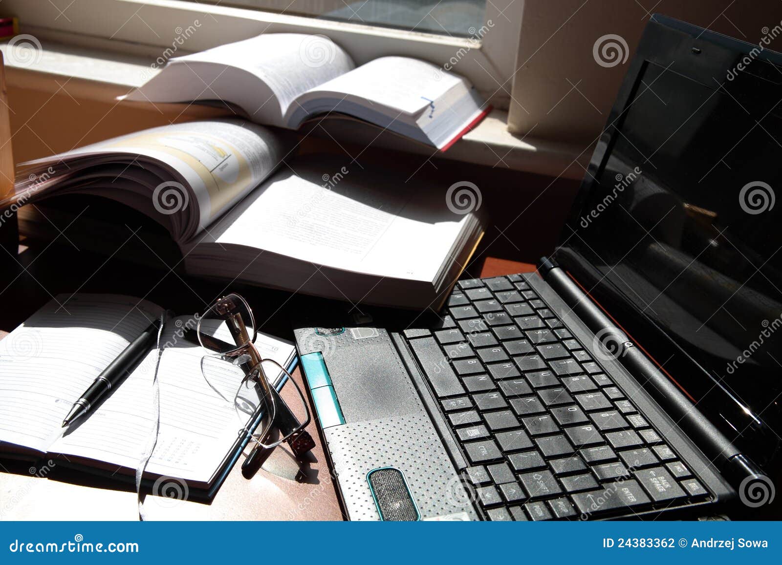 Notebook, Laptop, Pen, Glasses a and Books. Stock Photo - Image of ...