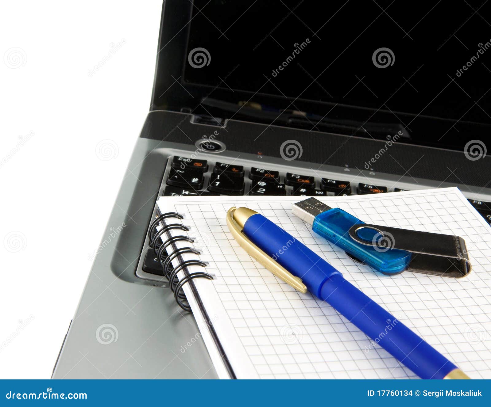 Notebook Laptop and Pen Isolated on White Stock Photo - Image of blue ...