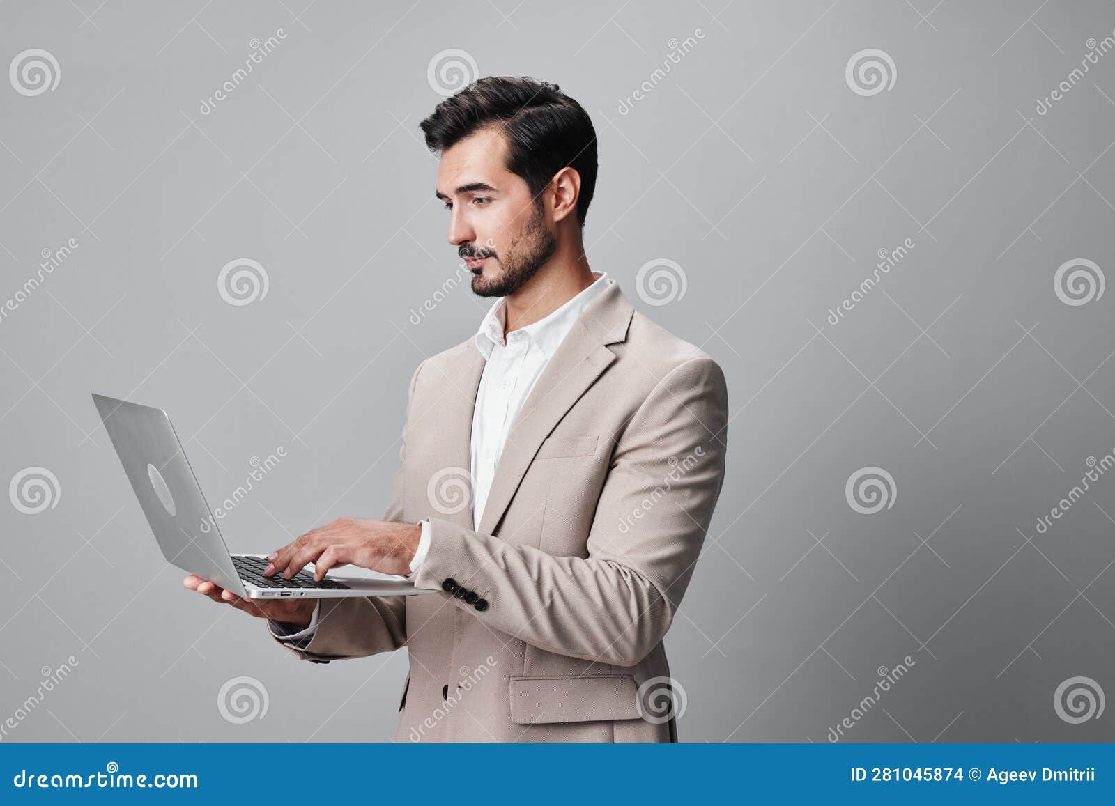 Man Internet Copyspace Computer Working Smiling Laptop Business ...