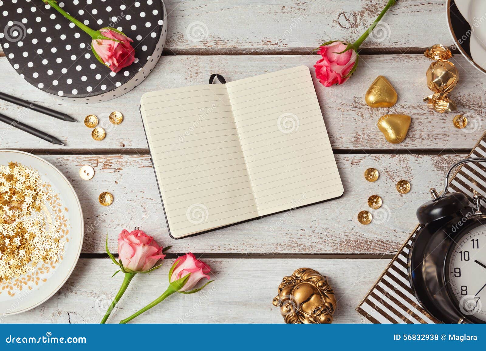 Notebook Mock Up with Feminine Objects. View from Above Stock Photo ...