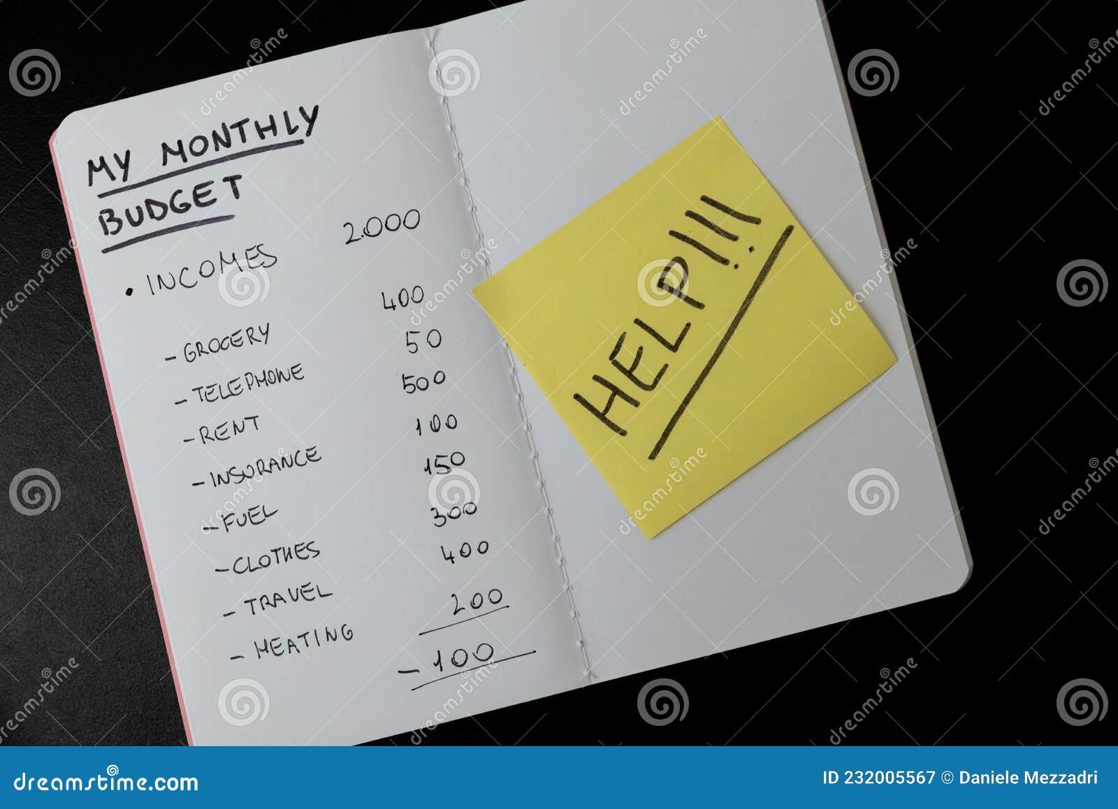 Notebook, with Monthly Budget, and Card with `help` Text. Stock Image ...