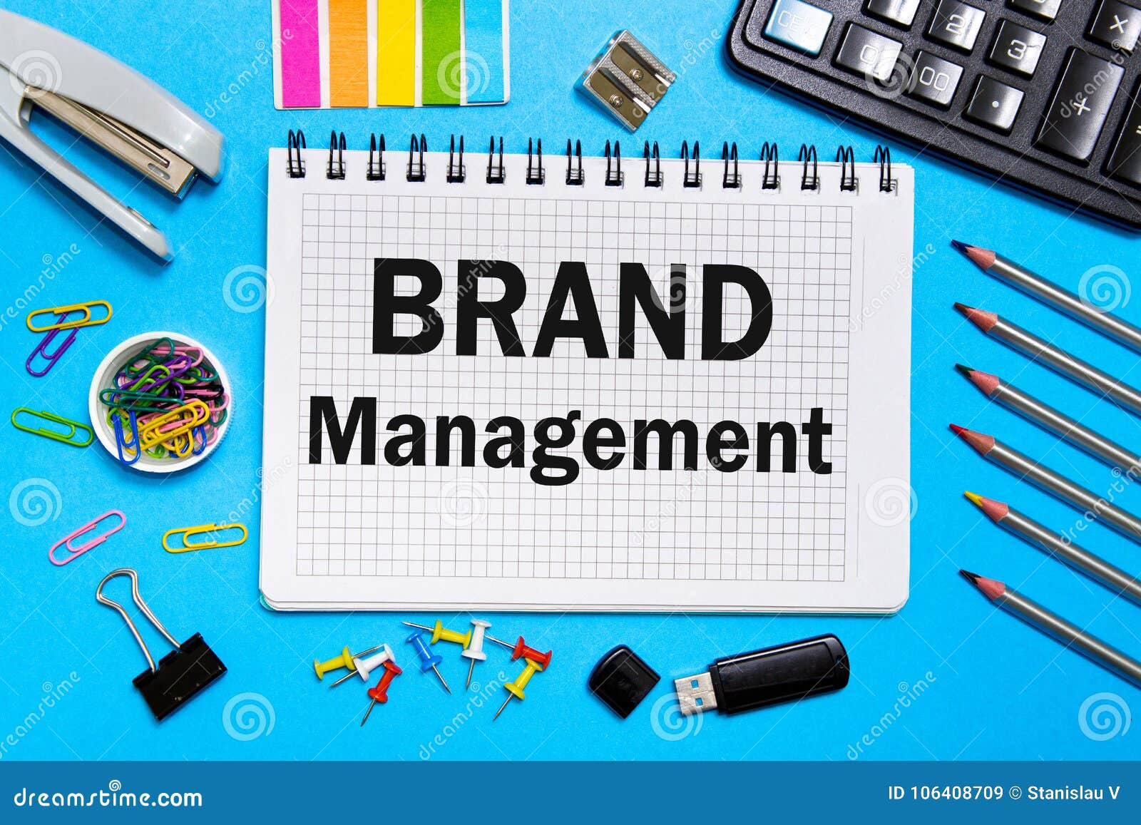 Notebook with Notes BRAND Management with Office Tools on a Blue ...