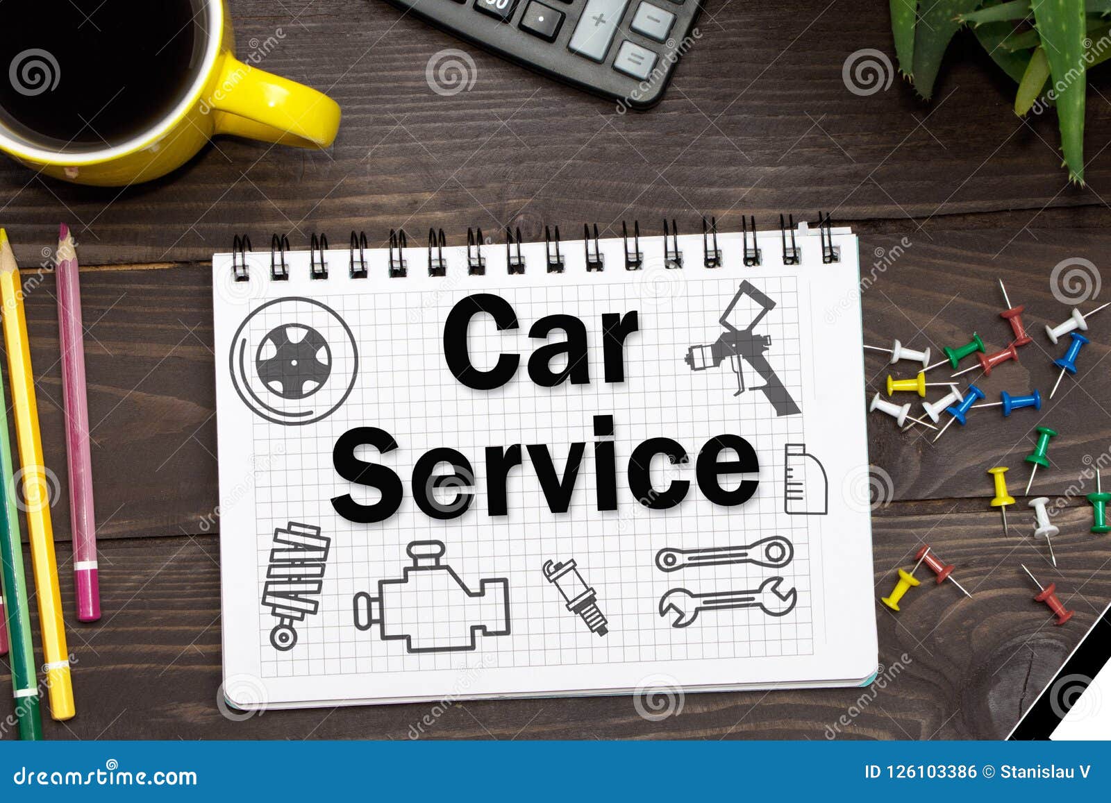 Notebook with a Notes Car Service on the Office Table with Tools Stock ...