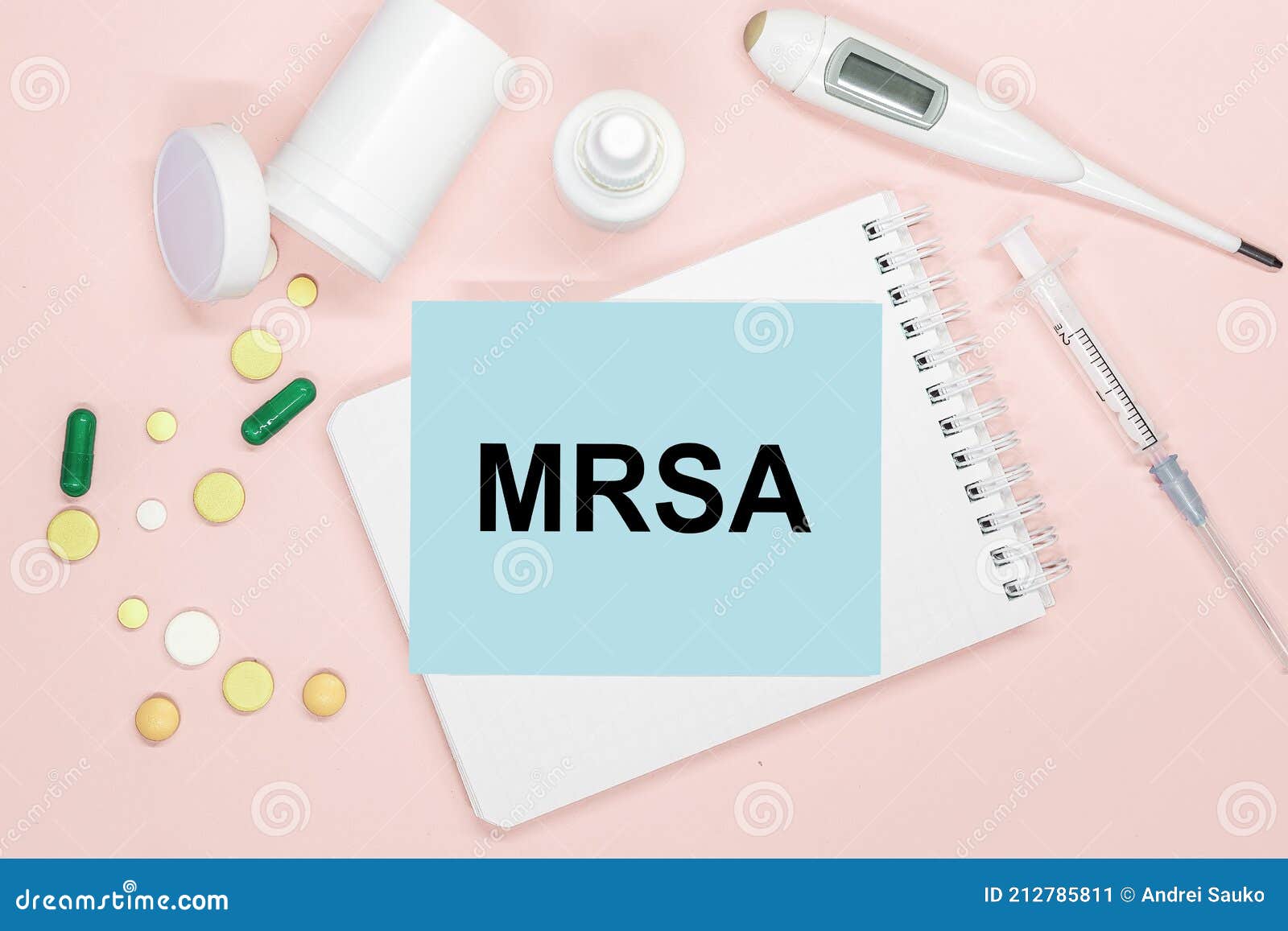 Notebook Page with Text MRSA on a Table, Pills and Syringe. Medical ...
