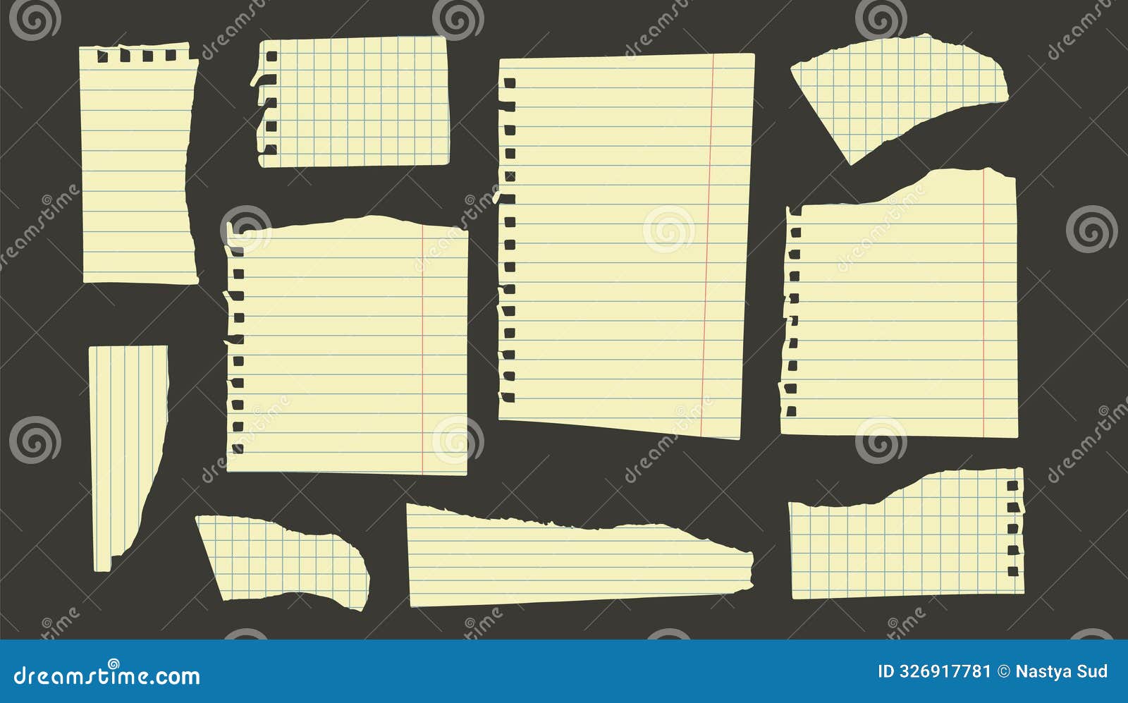 Notebook Paper Pieces of Torn Sheets of Lined and Square on Black ...