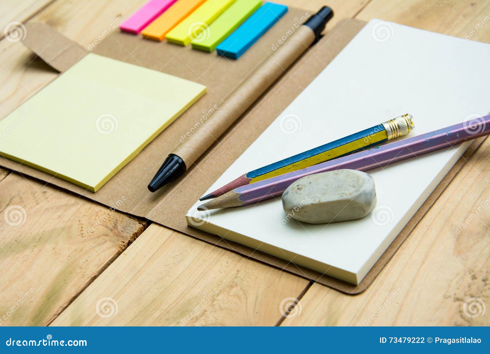 Notebook Paper, Post it and Pen Top View on Wood Pallet Stock Photo ...
