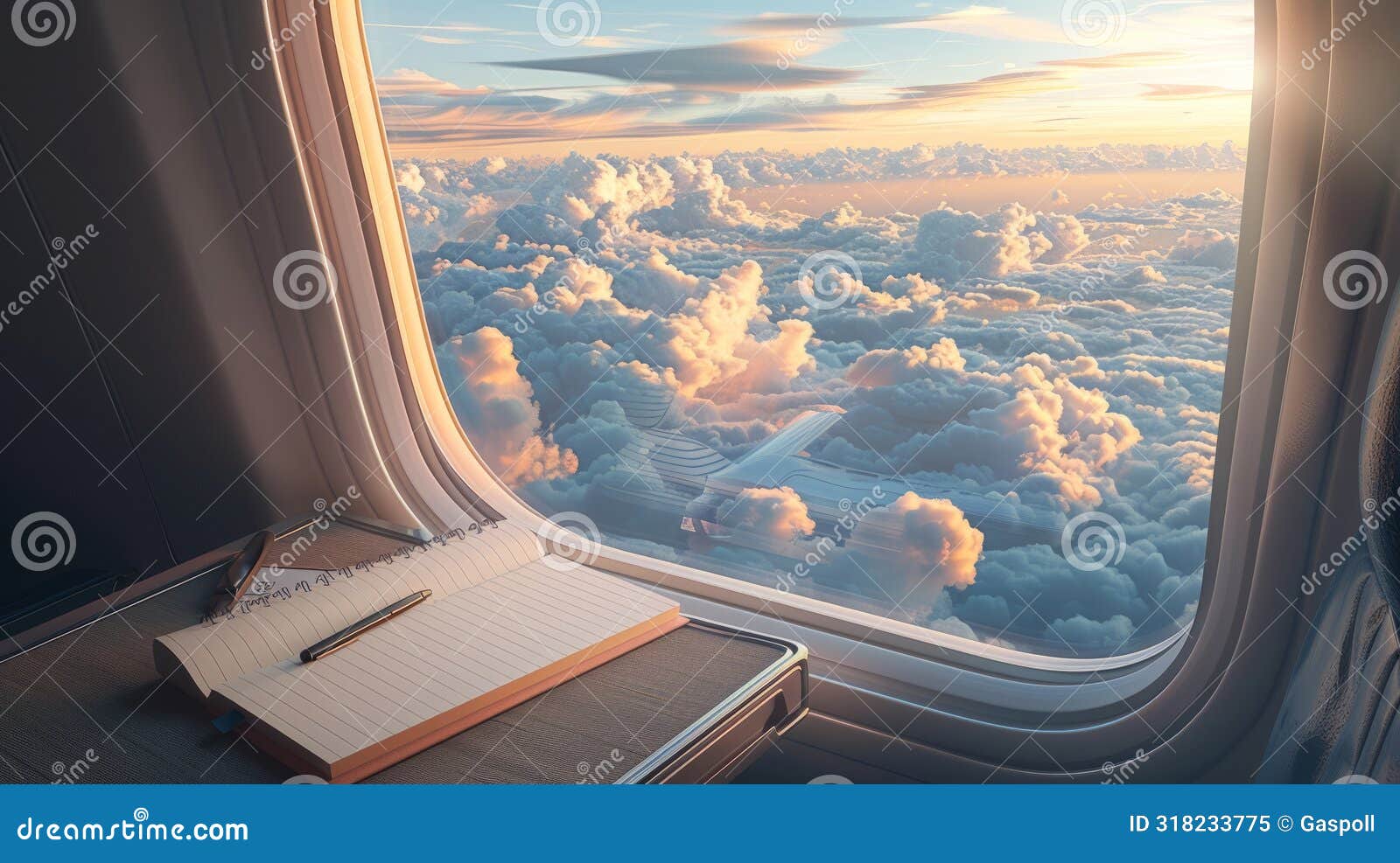 Notebook and Pen on Airplane Tray beside Window Overlooking Clouds ...
