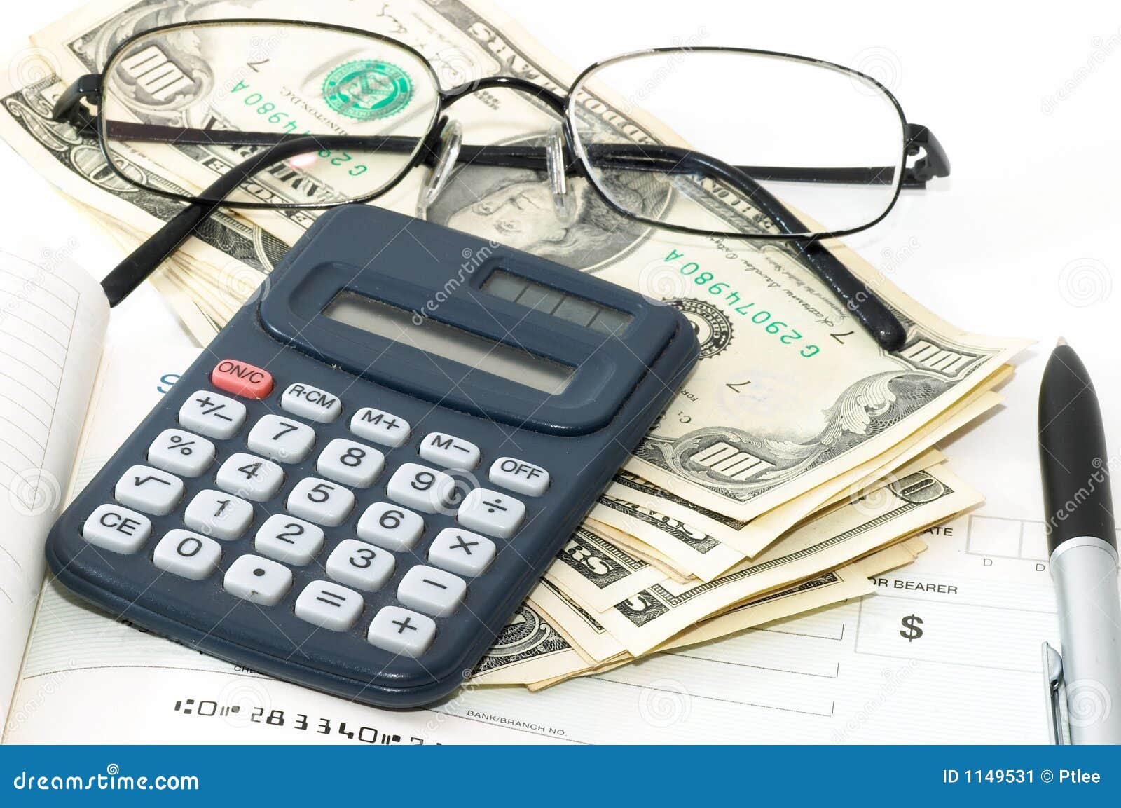 Notebook with Pen, Calculator, Cheque Book, Cash and Glasses Stock ...