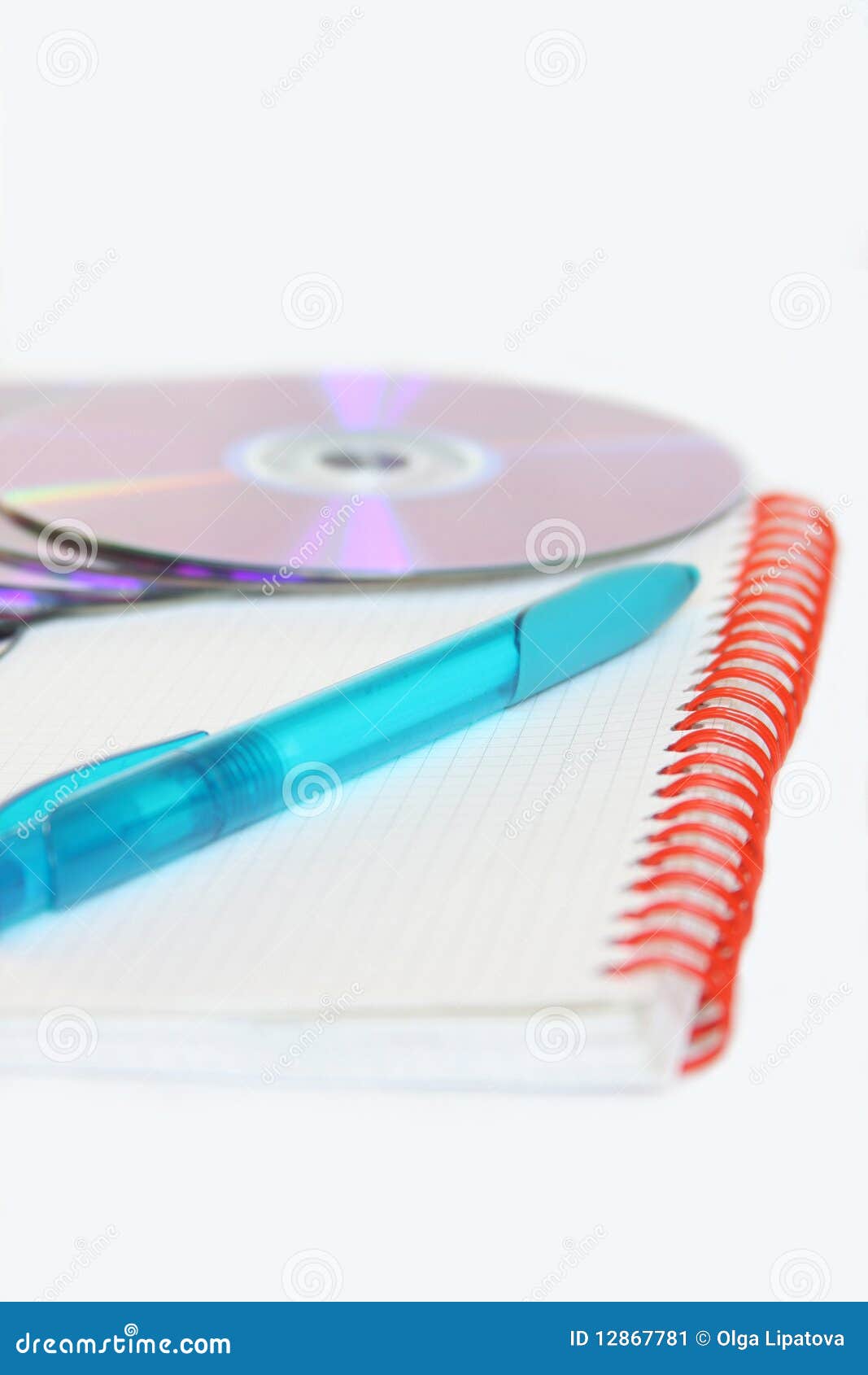 Notebook with pen and CDs stock image. Image of book - 12867781