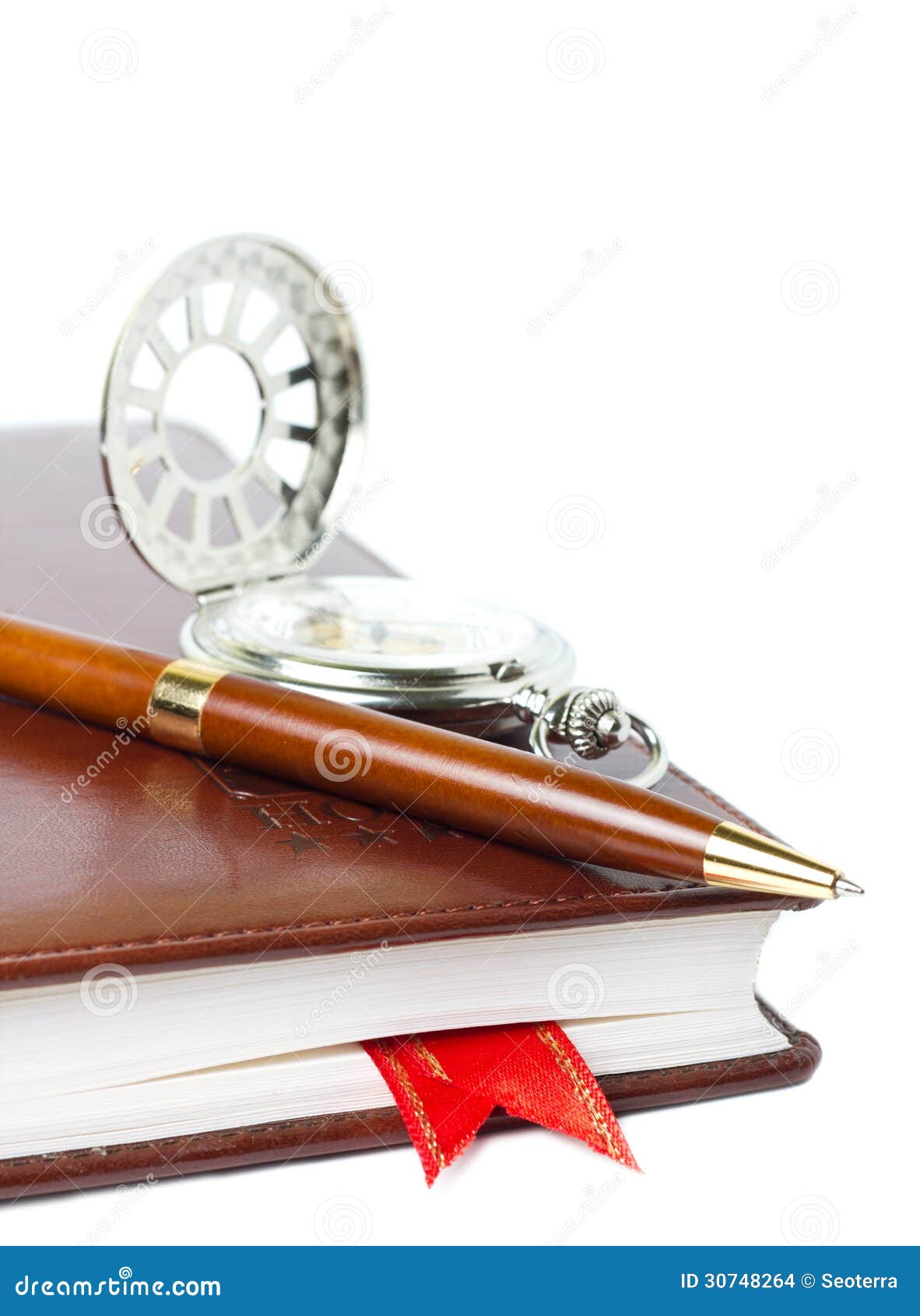 Notebook, pen and clock stock photo. Image of accessories - 30748264