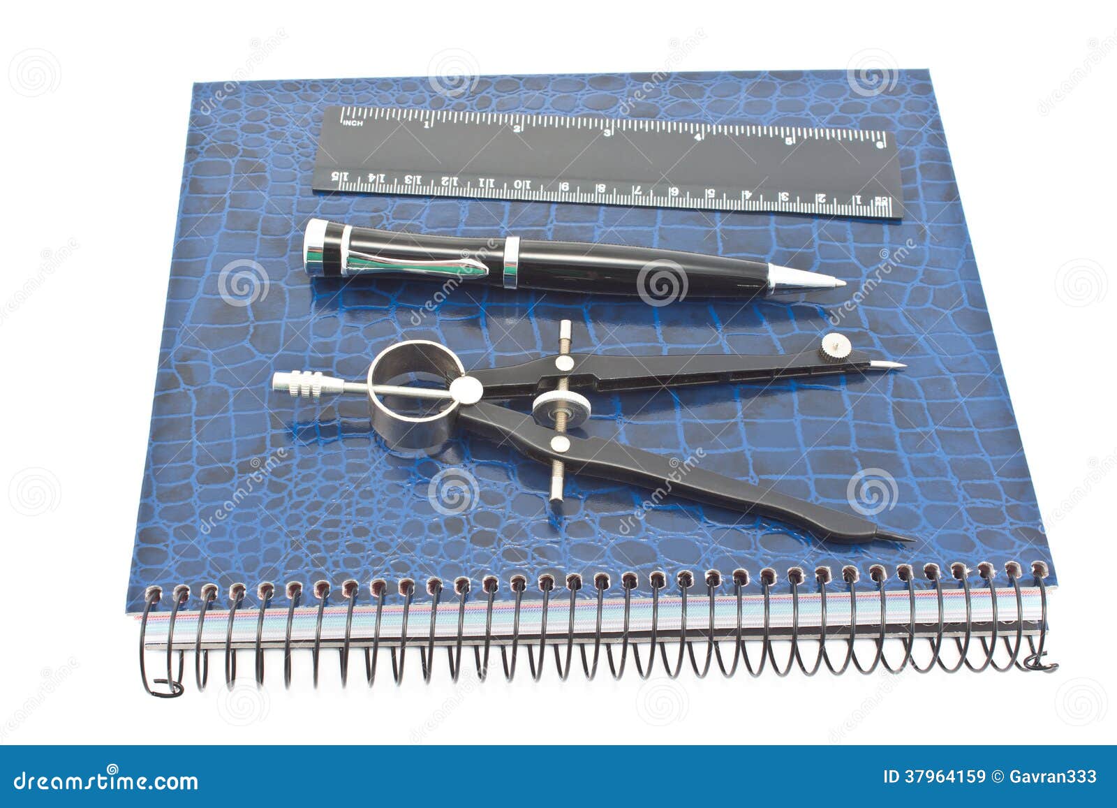 Notebook with Pen, Drawing Compass and Ruler Stock Image - Image of ...