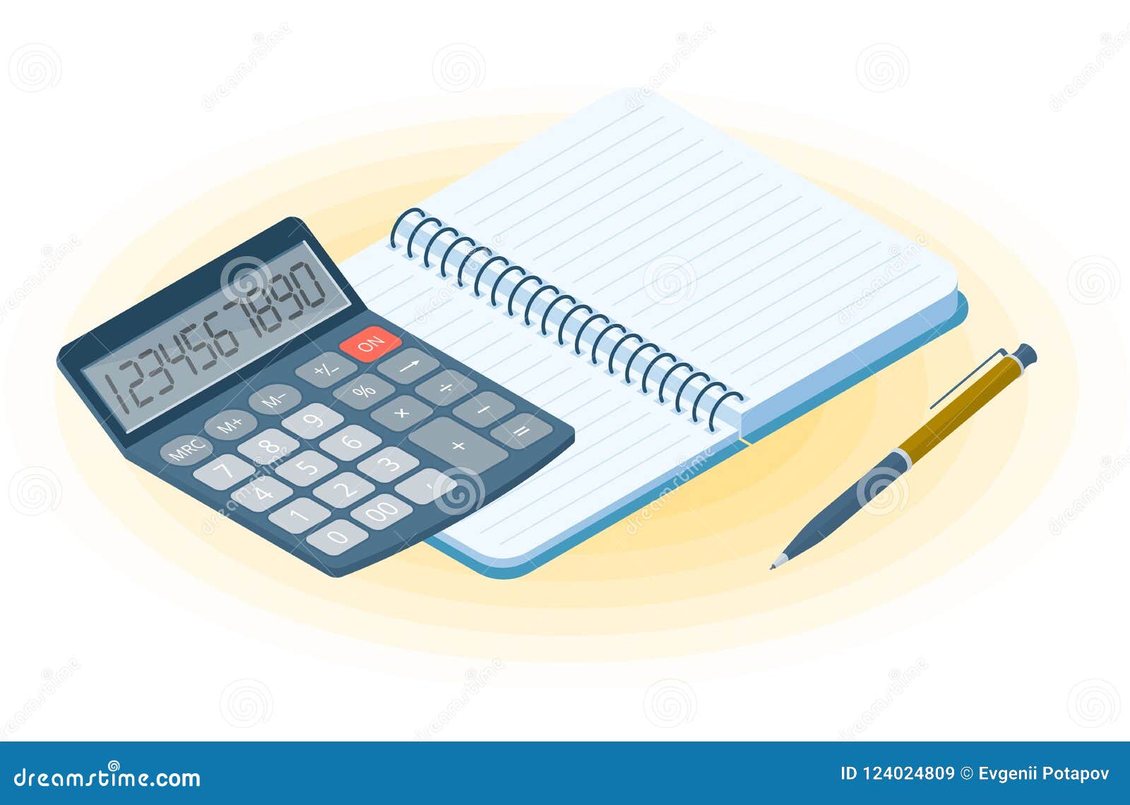 The Notebook, Pen and Electronic Calculator. Flat Vector Isometric ...