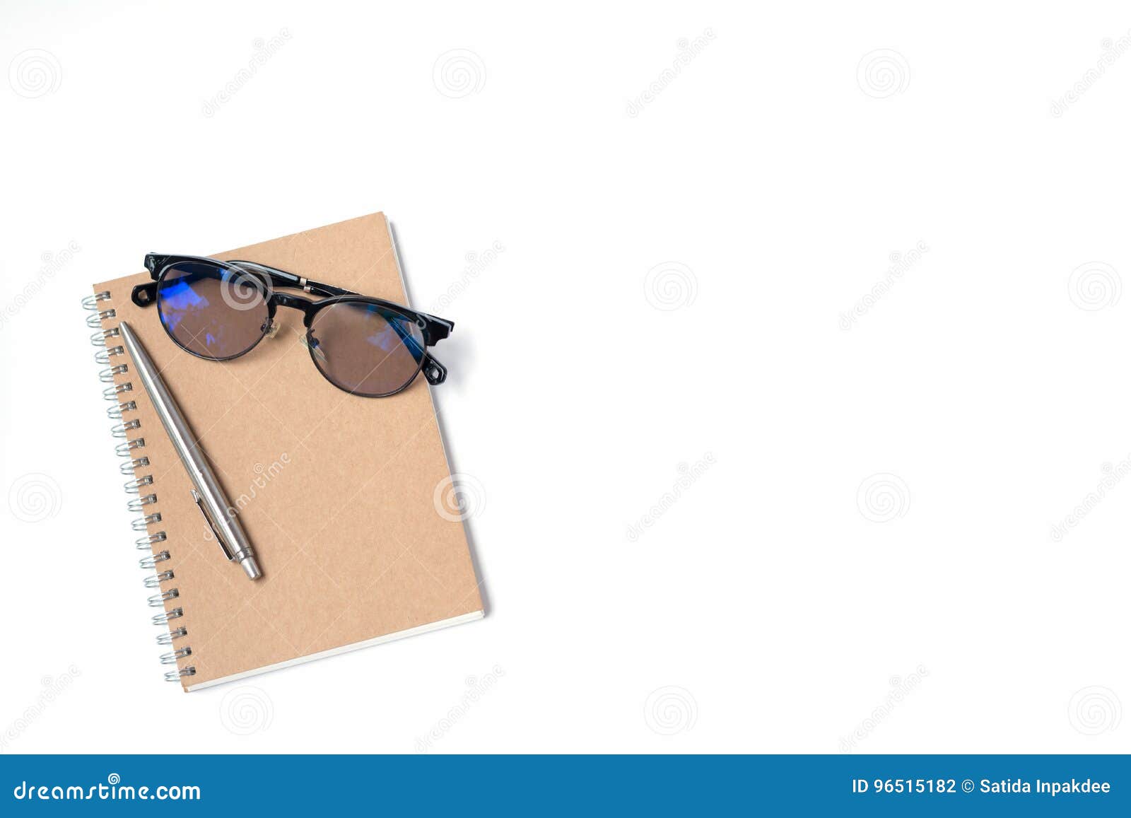 Notebook, Pen and Glasses on White Desk with Copy Space. Stock Photo ...