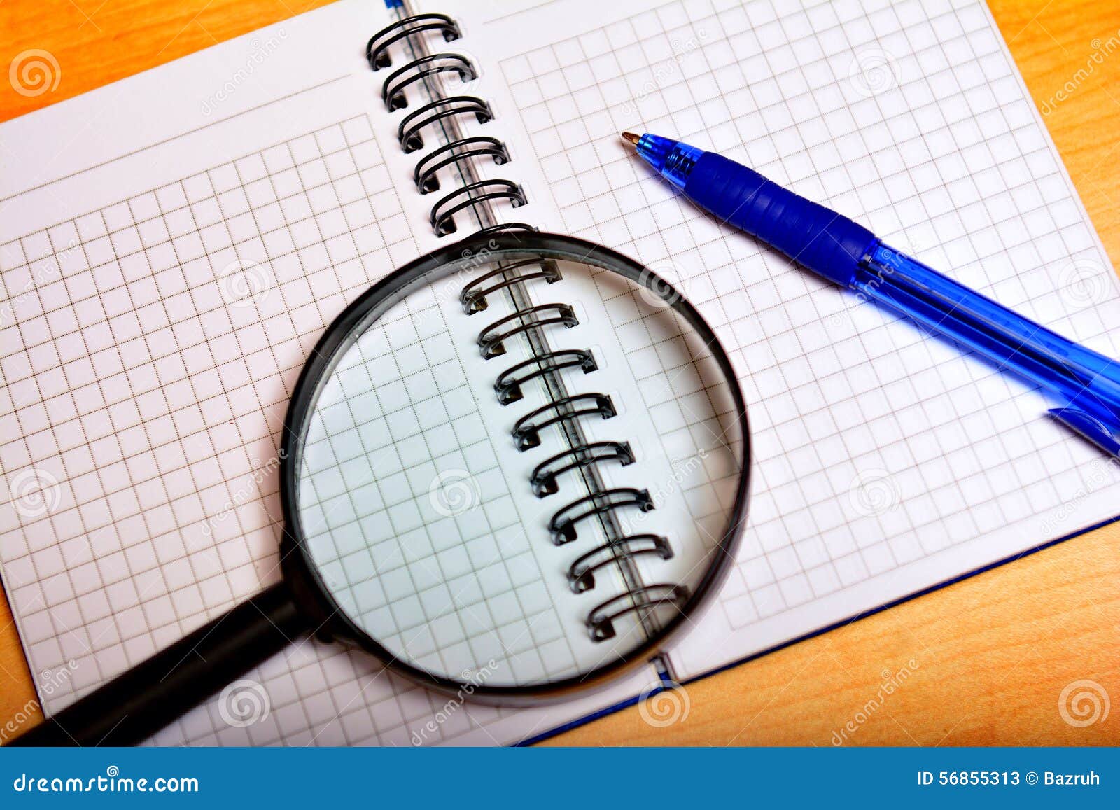 Notebook, Pen and Magnifier Stock Image - Image of blue, marker: 56855313