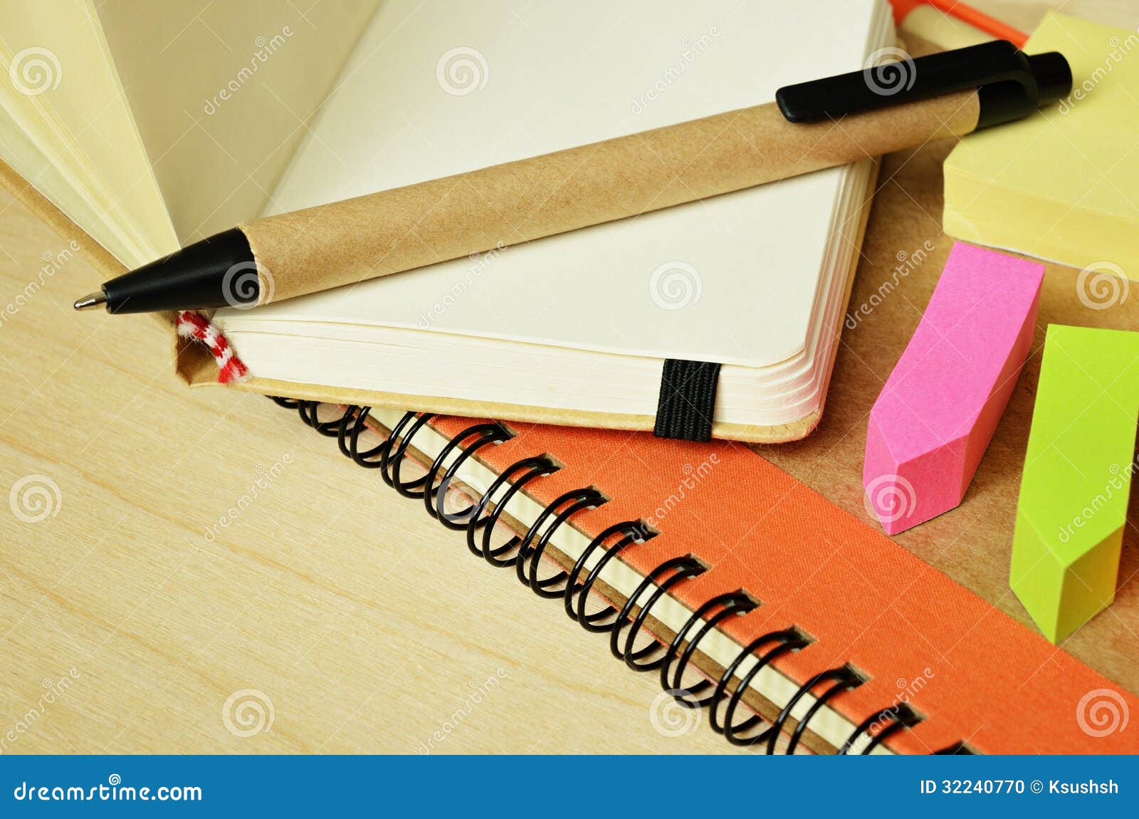 Notebook, pen and stickers stock photo. Image of note - 32240770