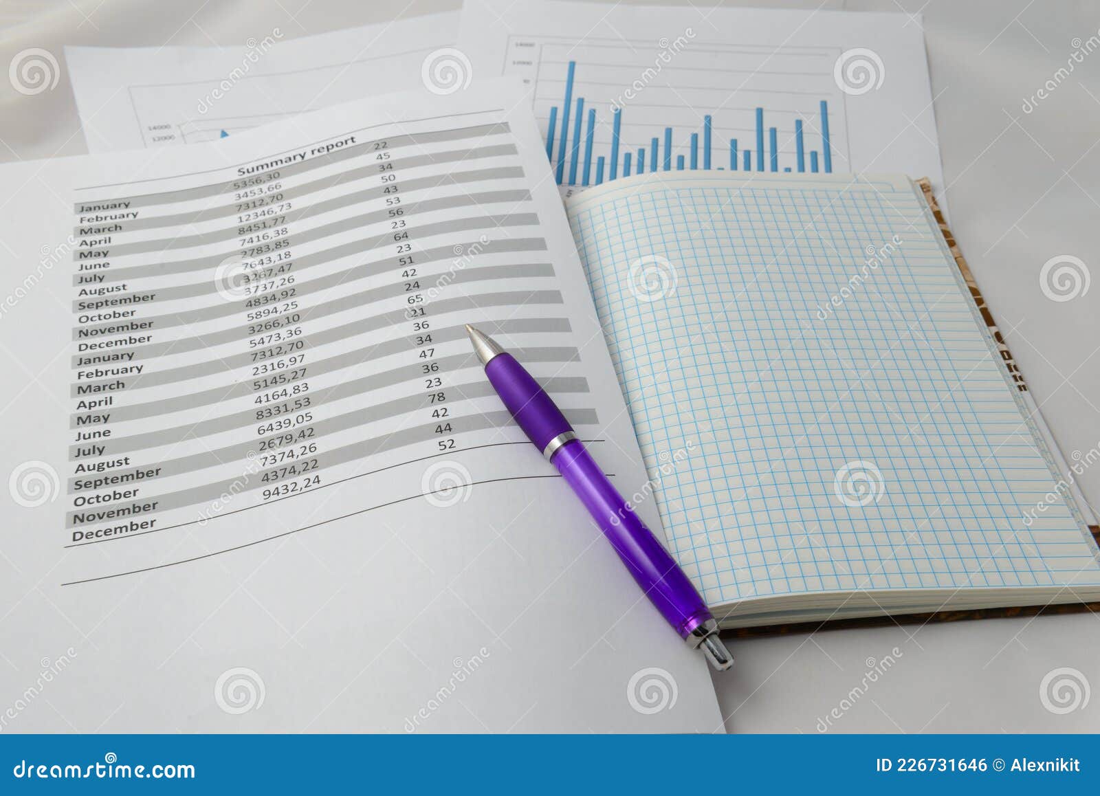 Notebook, Pen, Tables and Graphs on the Desktop Stock Photo - Image of ...