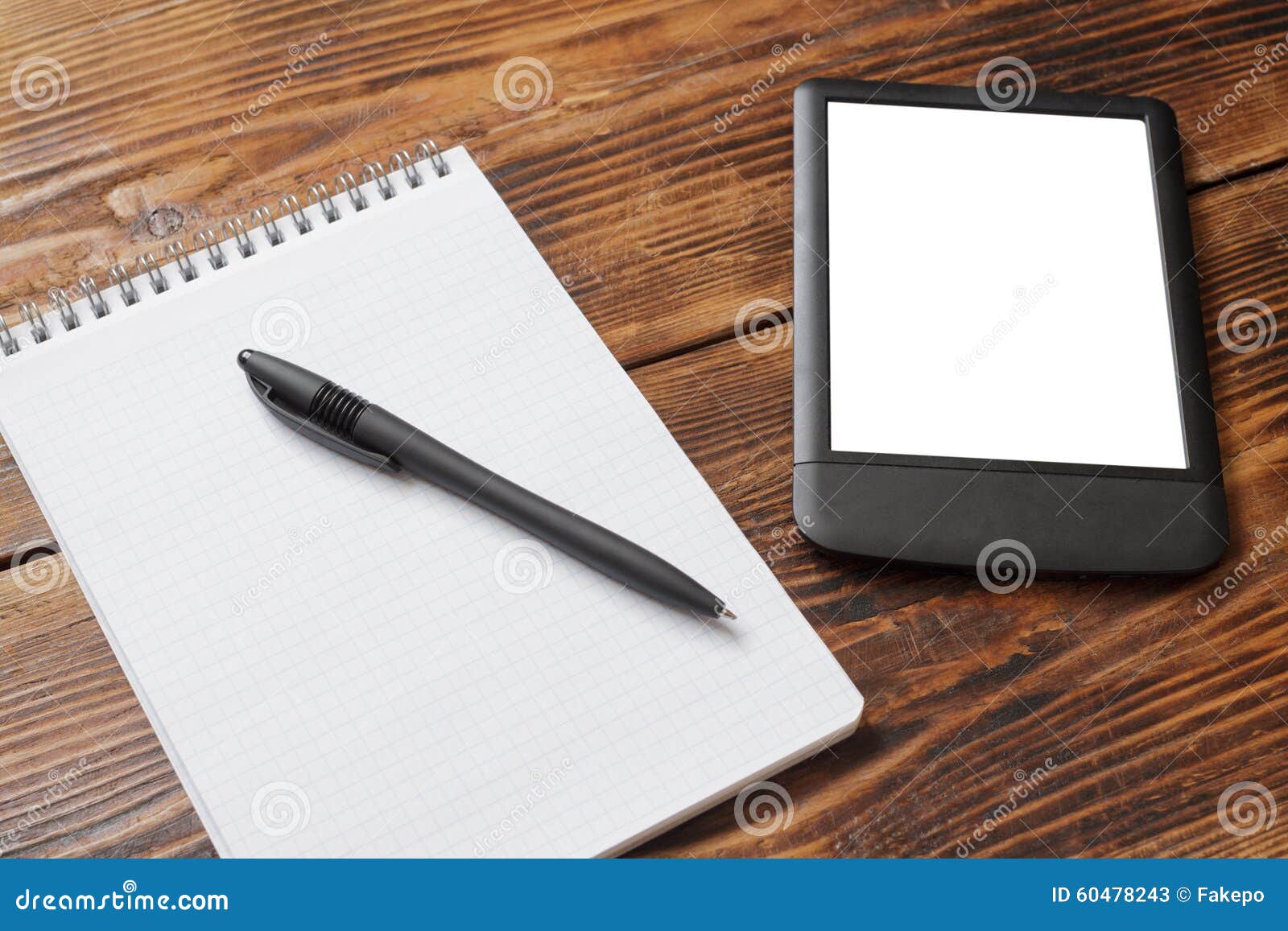 Notebook with Pen, Tablet/e-reader on Wood Table Stock Image - Image of ...