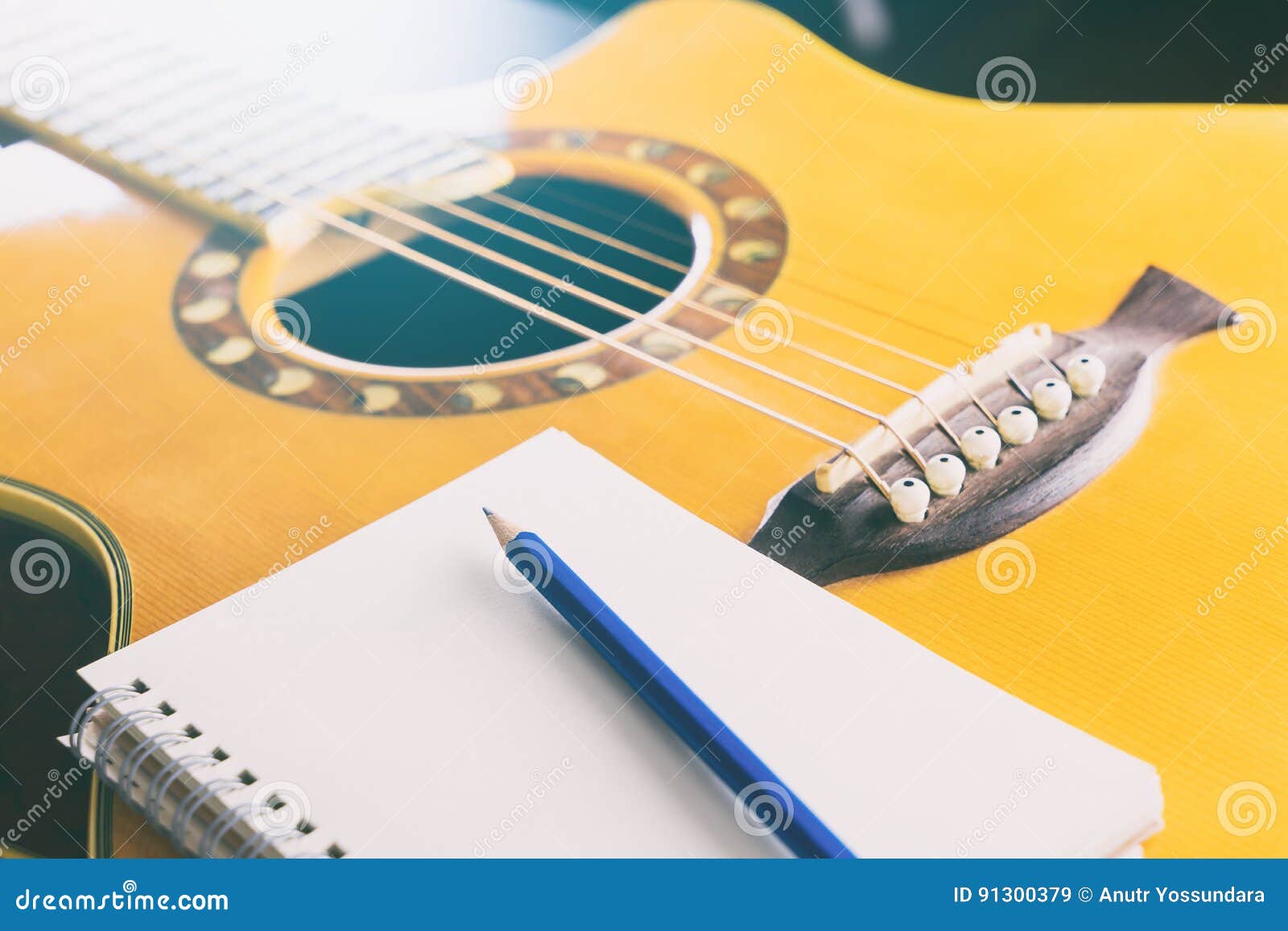 Notebook with Pencil and Guitar for Songwriting Stock Image - Image of ...