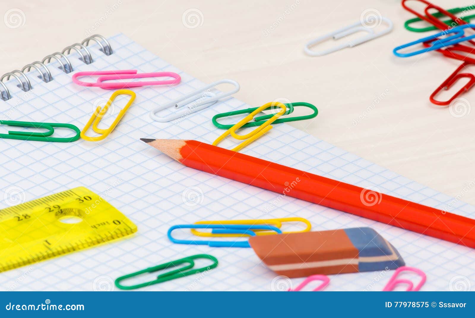 Notebook Pencil Paper Clips on a Desk Stock Image - Image of materials ...