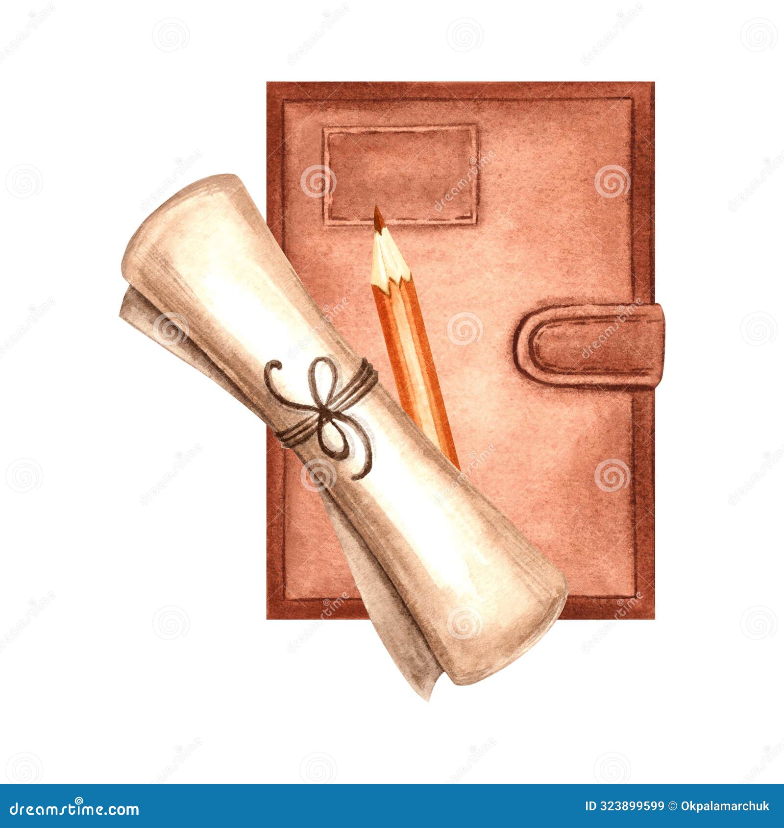 Notebook with Pencil and Papyrus Scroll. Composition with Old Parchment ...