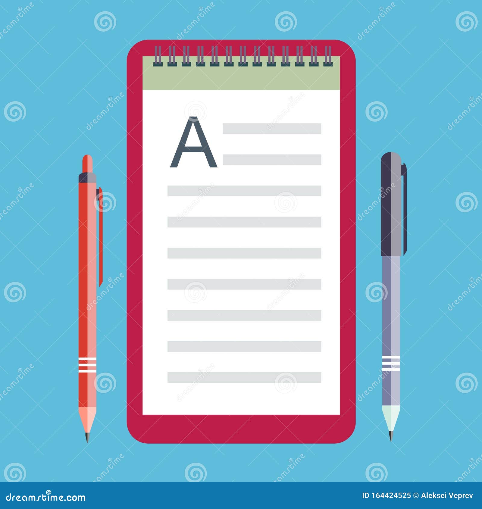 Notebook, pencil and pen. stock vector. Illustration of booklet - 164424525