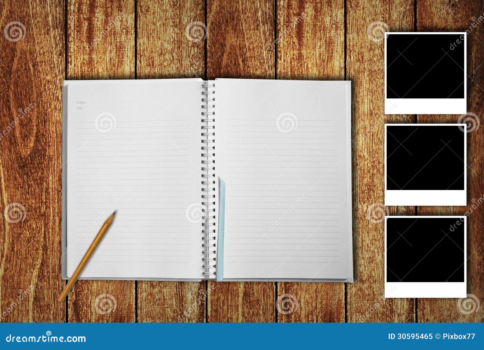 Notebook with Photo Frames on Wooden Floor Stock Image - Image of ...