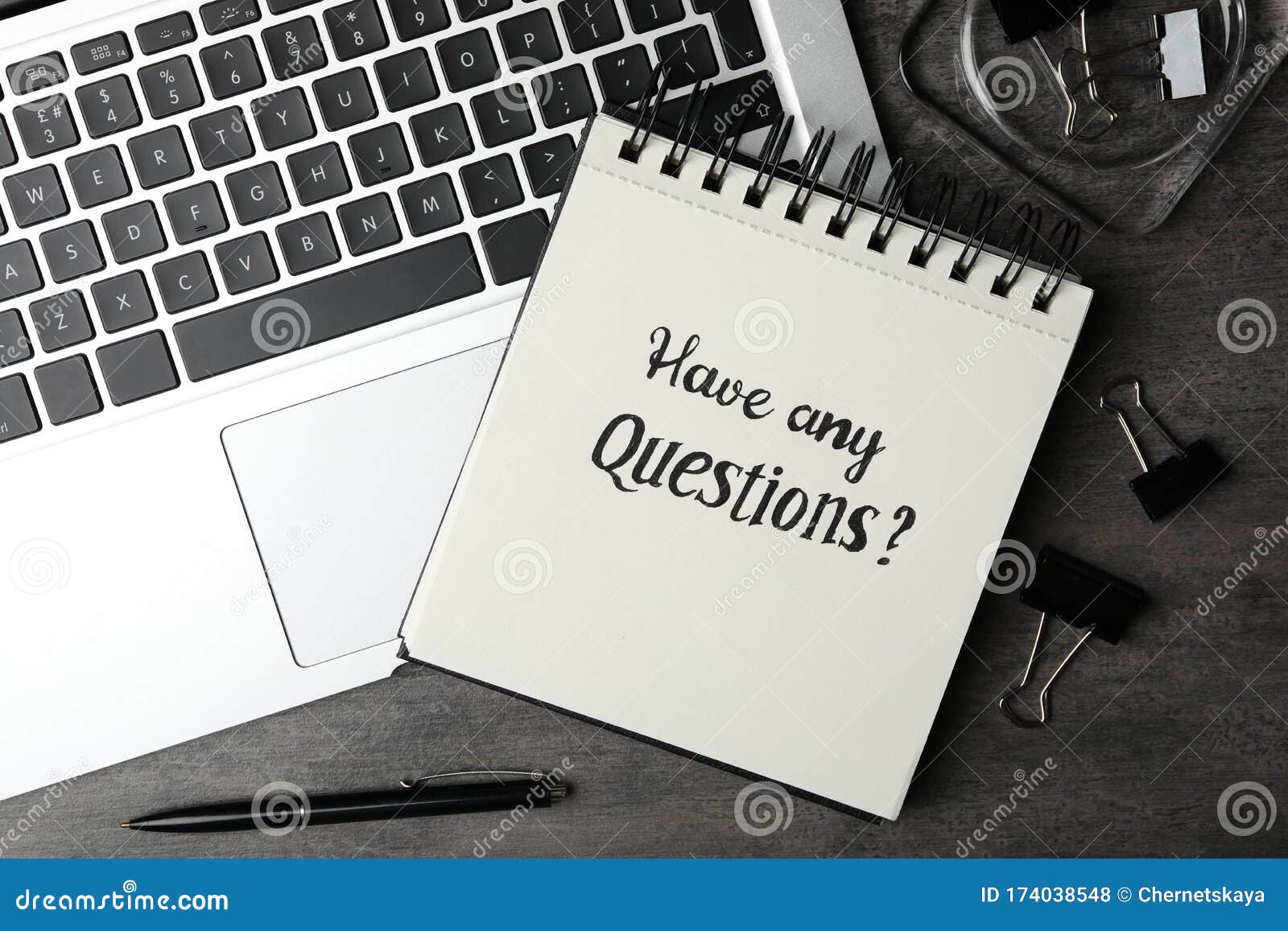 Notebook with Phrase HAVE ANY QUESTIONS and Laptop on Table, Flat Lay ...