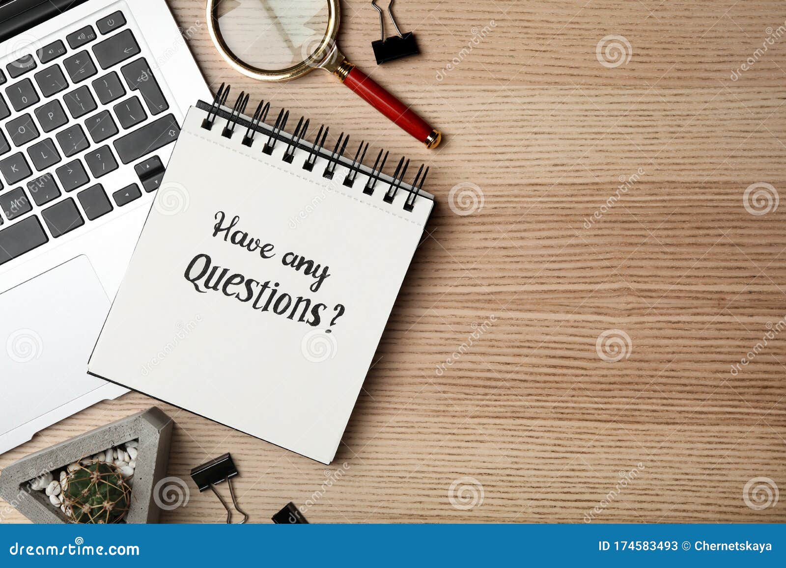 Notebook with Phrase HAVE ANY QUESTIONS and Laptop on Table, Flat Lay ...