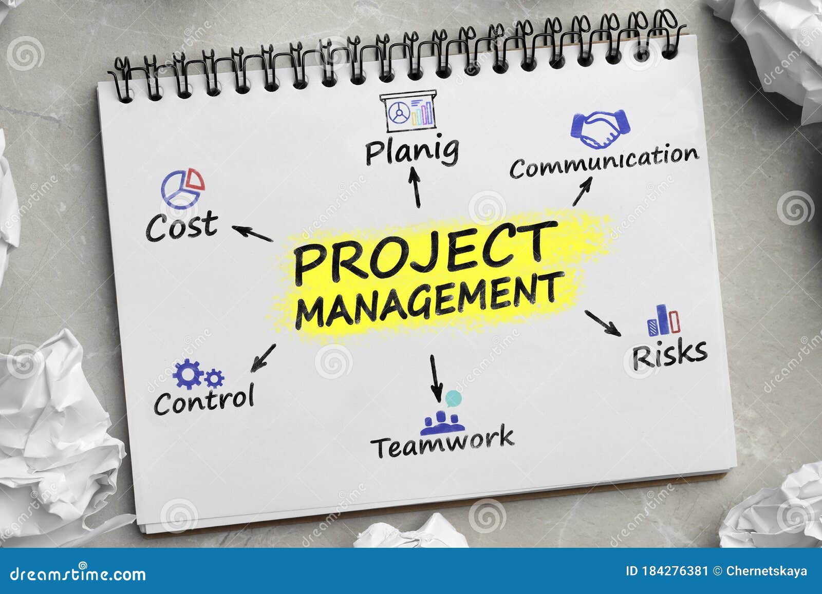 Notebook with Project Management Scheme on Marble Table, Flat Lay Stock ...