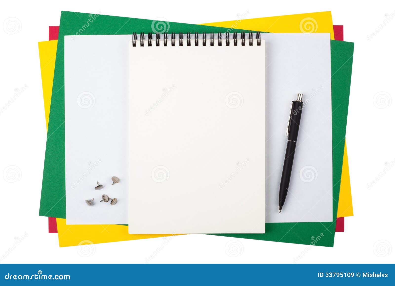 Notebook, Push Pins And A Black Pen On Colored Paper Royalty Free Stock ... Notebook, Push Pins And A Black Pen On Colored Paper Royalty Free Stock ...