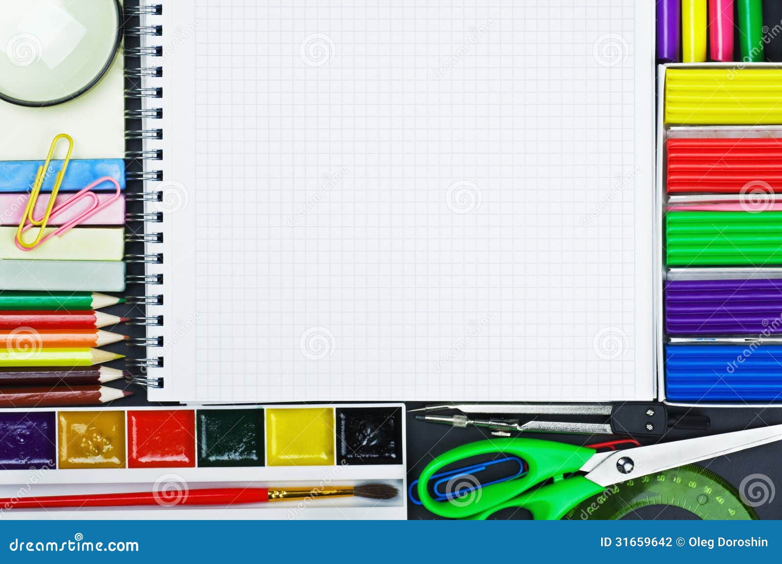 Notebook for Recording and School Supplies Stock Photo - Image of brush ...