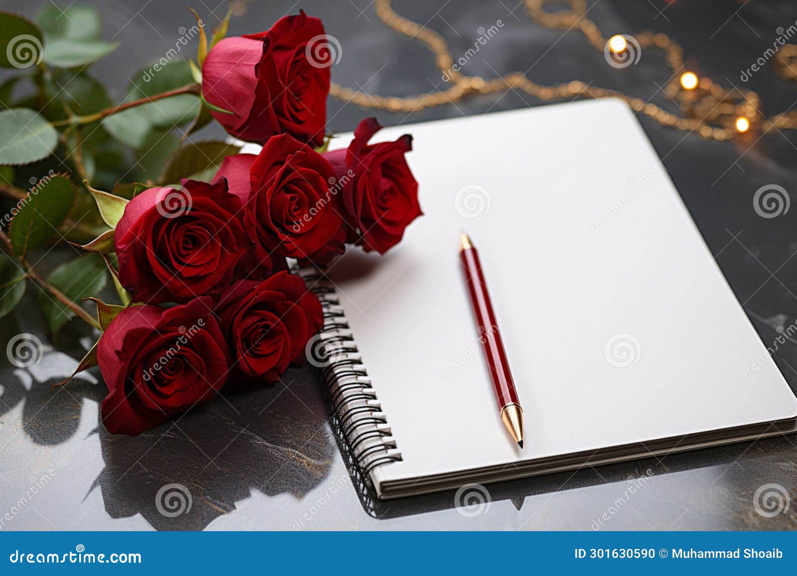 Notebook, Red Roses, and Pen on a Luxurious Marble Desk Stock ...