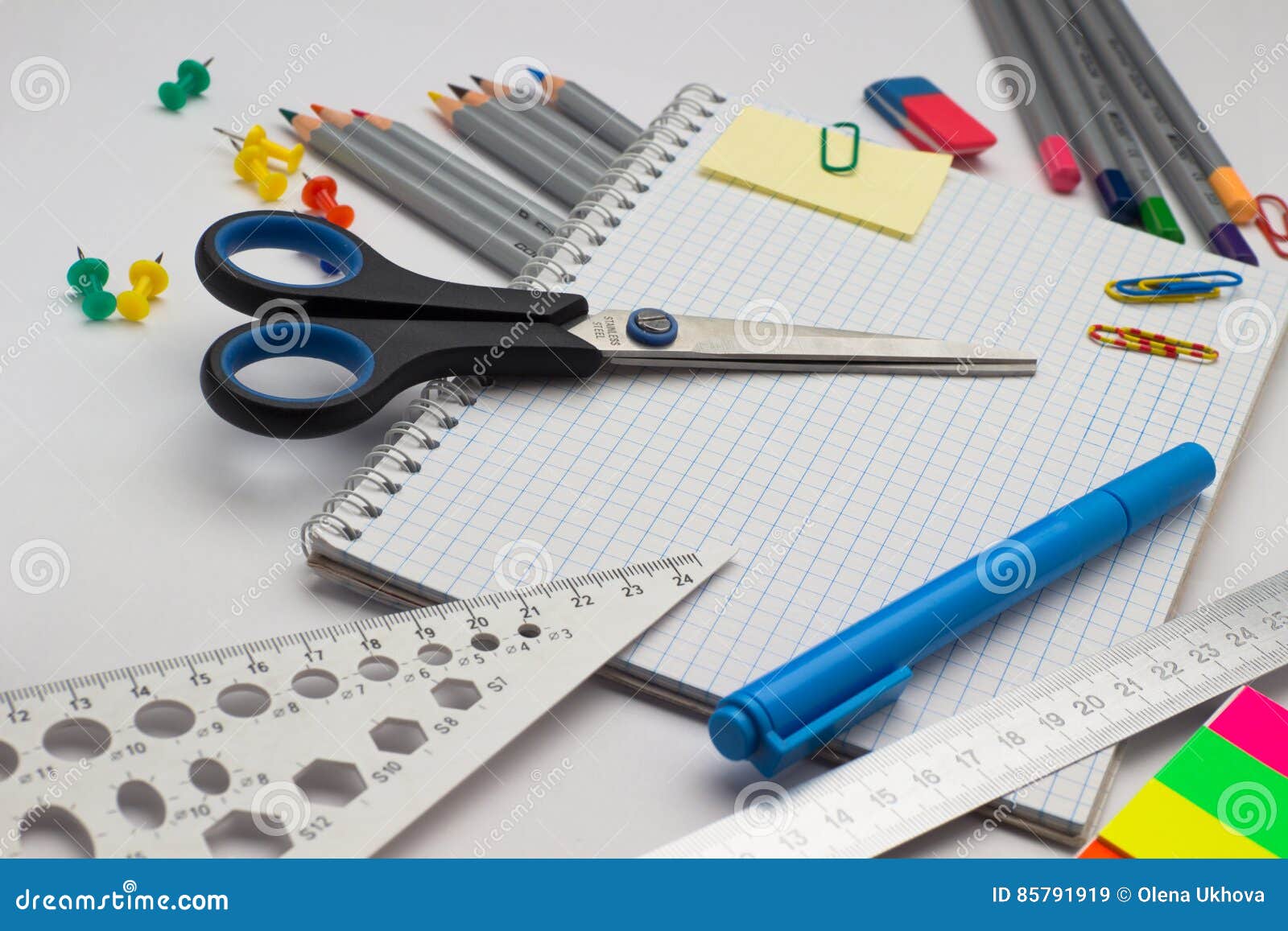 Notebook Ruler Scissors for Work Stock Image - Image of material, form ...