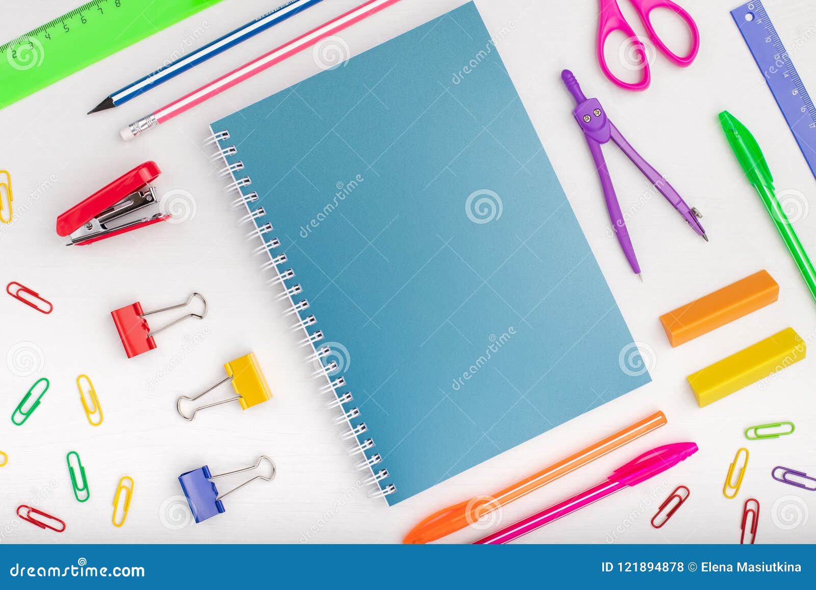 Notebook and School or Office Tools on White Table. Stock Photo - Image ...