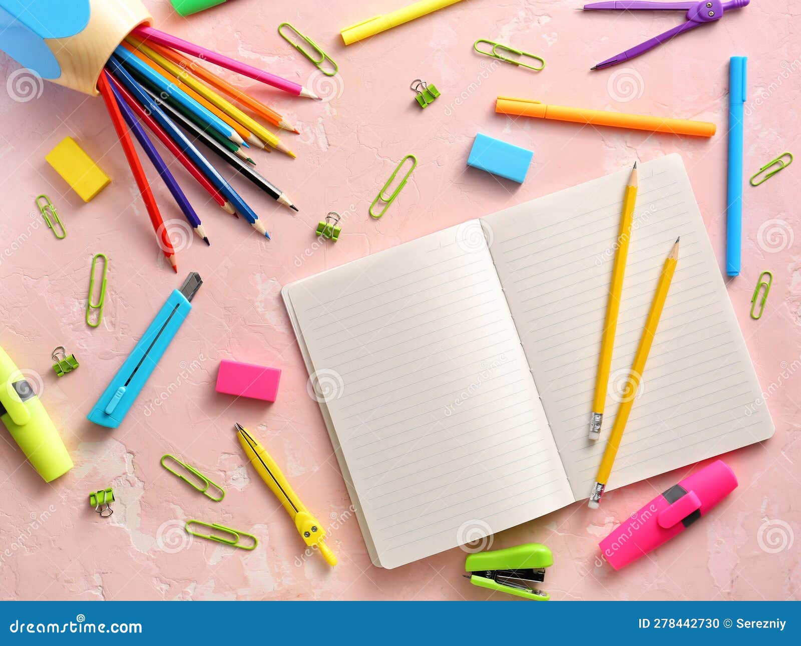 Notebook with School Supplies on Color Background Stock Photo - Image ...