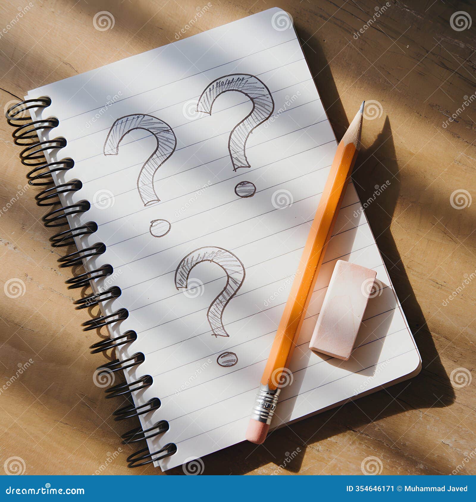 Notebook with Drawn Question Marks, Pencil, and Shadows on a Wooden ...