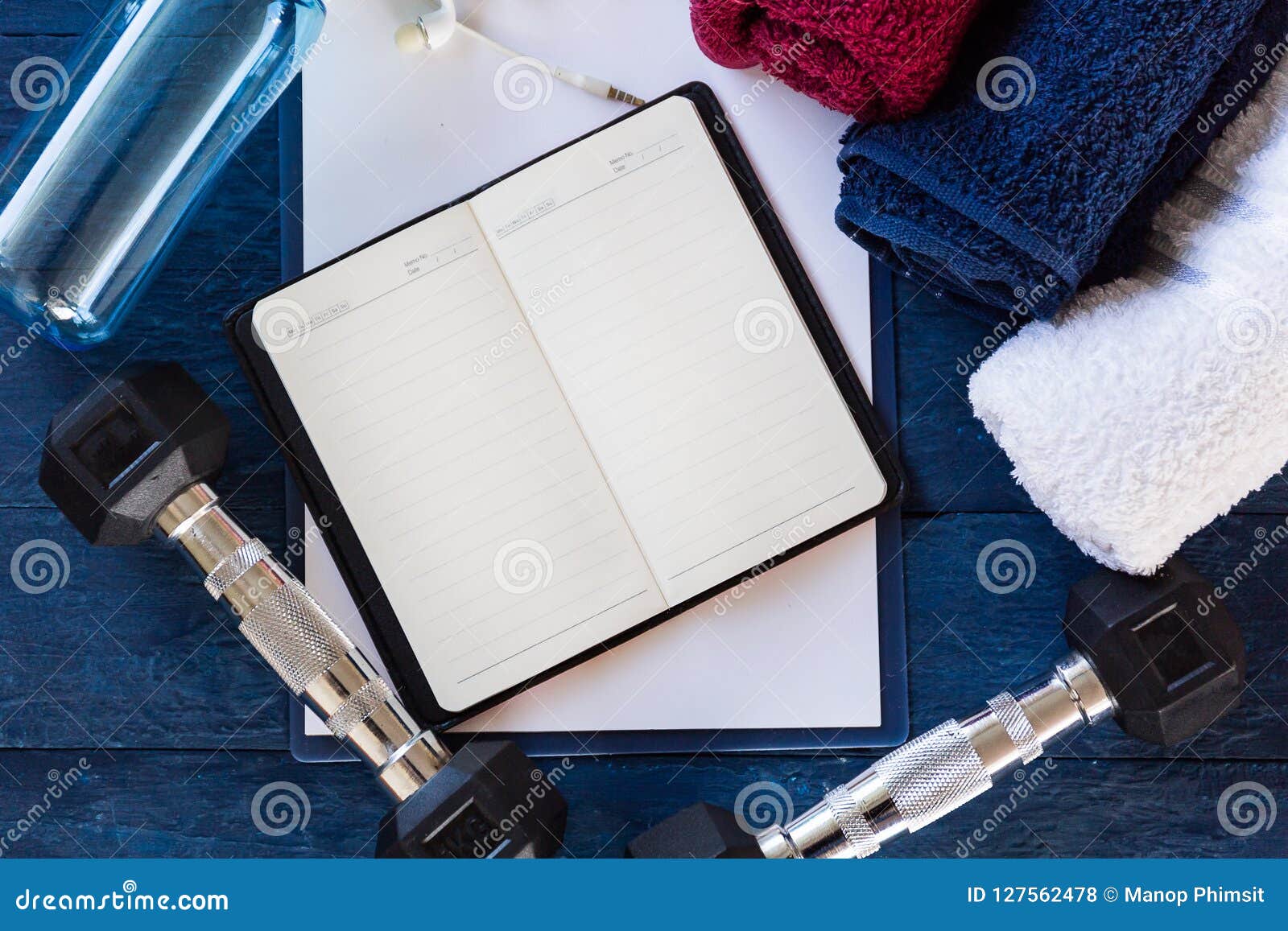 Notebook between Sport Equipment.Blank of Paper Stock Photo - Image of ...