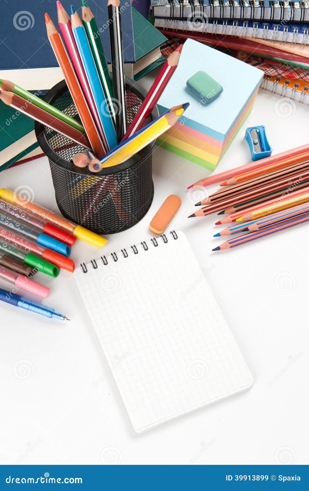 Notebook with Stationary Objects Stock Image - Image of pencil, crayons ...